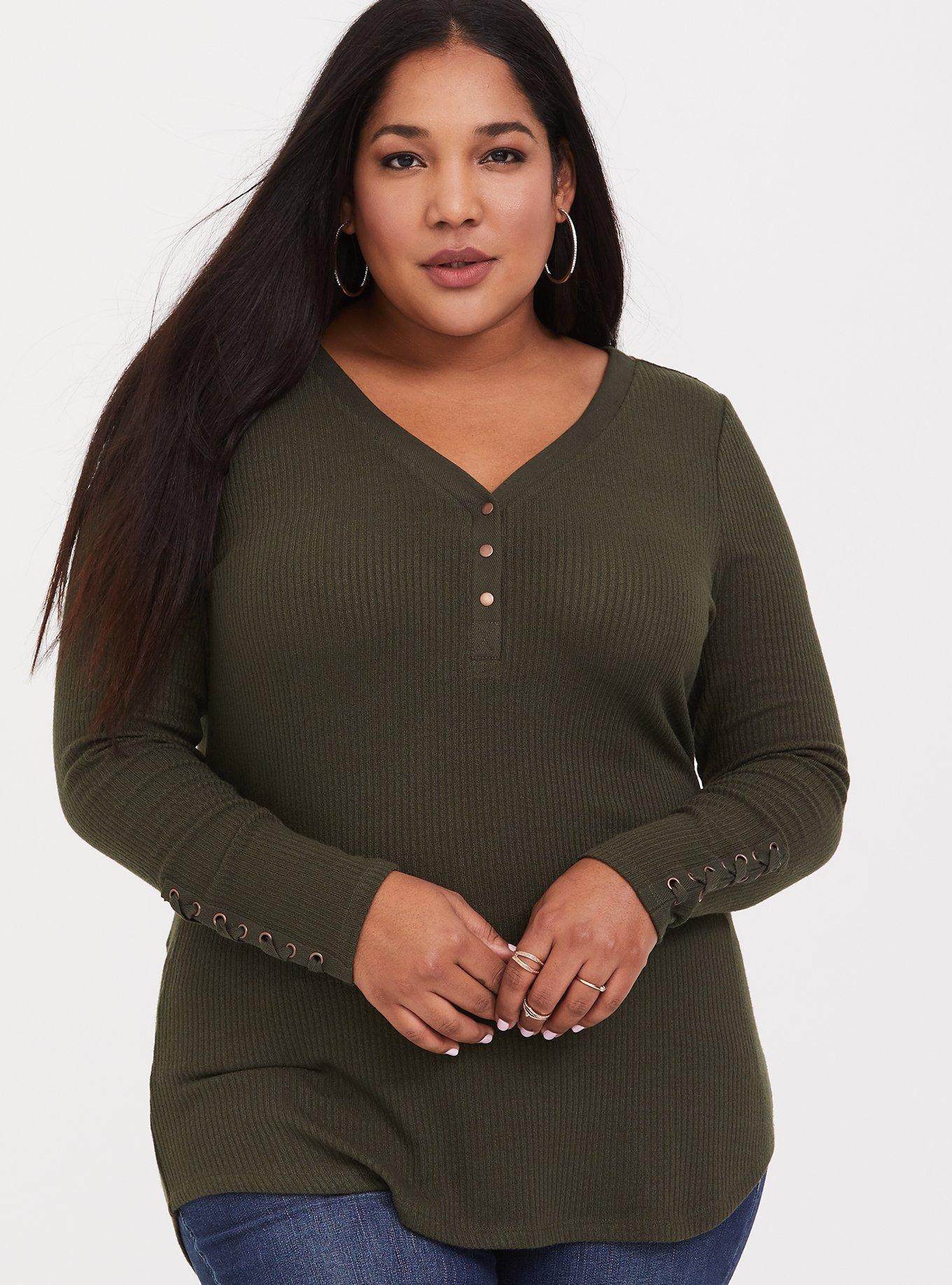 Plus Size - Olive Ribbed Henley Tee - Torrid