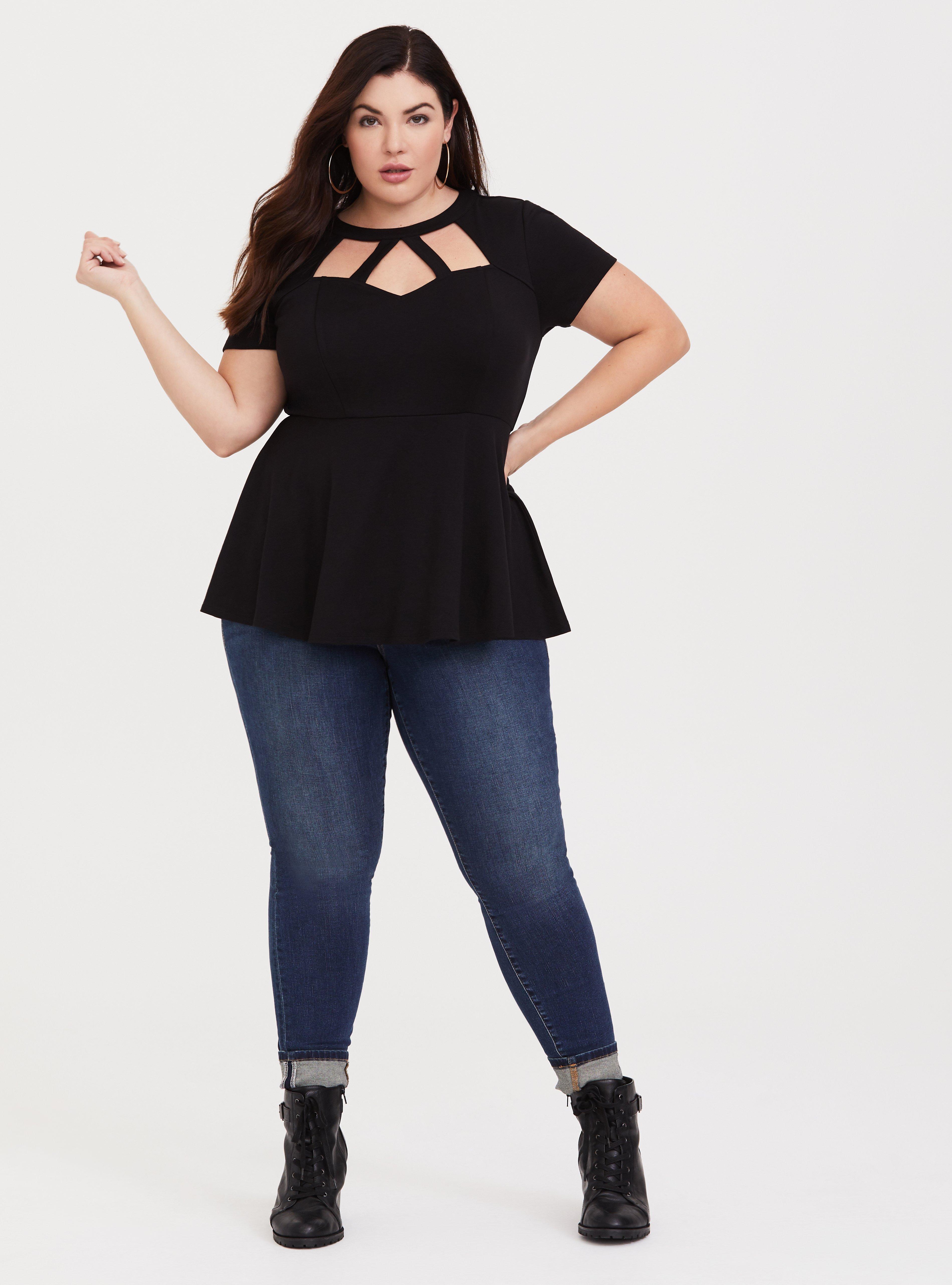 Plus Size - Black Caged Peplum Tee - Torrid