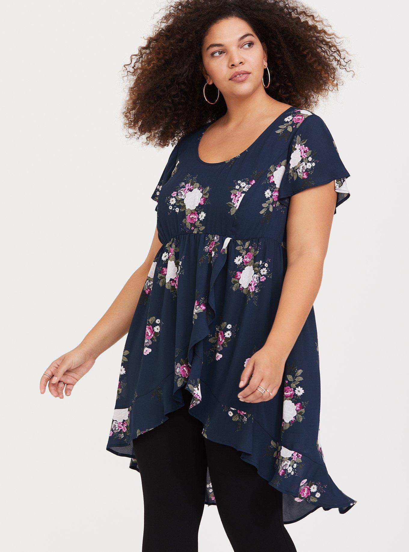 Plus Size - Lexie - Navy Floral Georgette Babydoll Tunic - Torrid