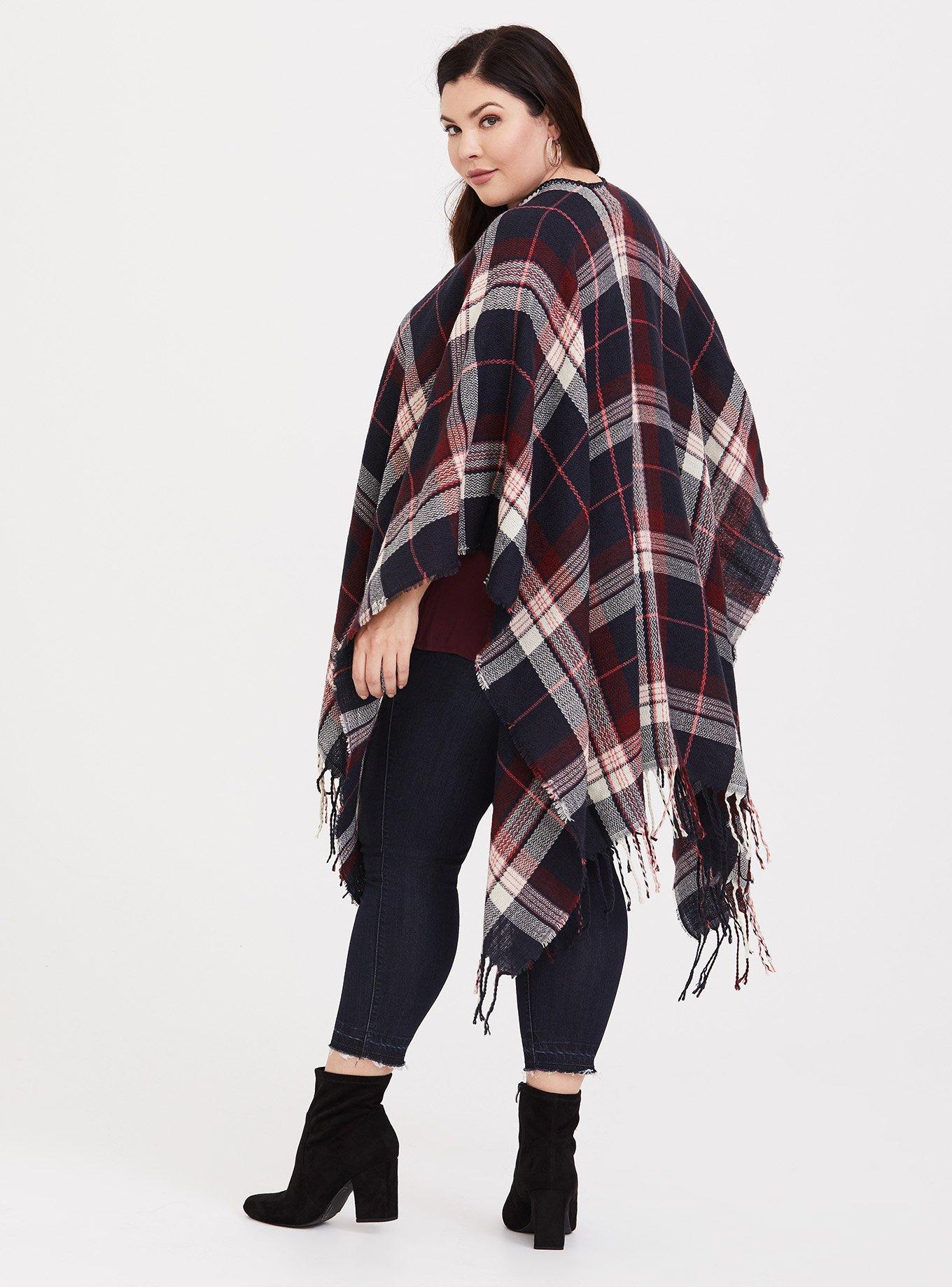 Plus Size - Navy & Pink Plaid Knit Ruana - Torrid