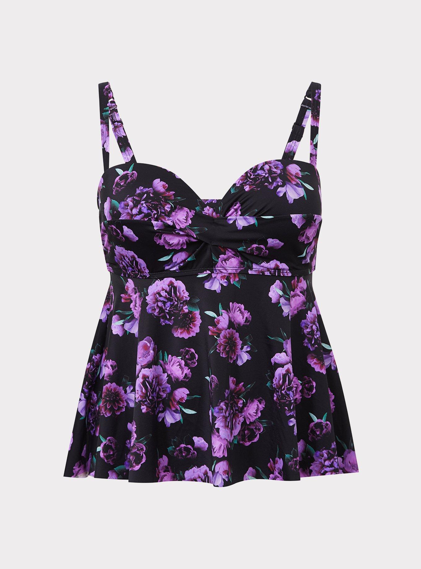 Plus Size - Black & Purple Floral Underwire Knot Front Tankini Top - Torrid