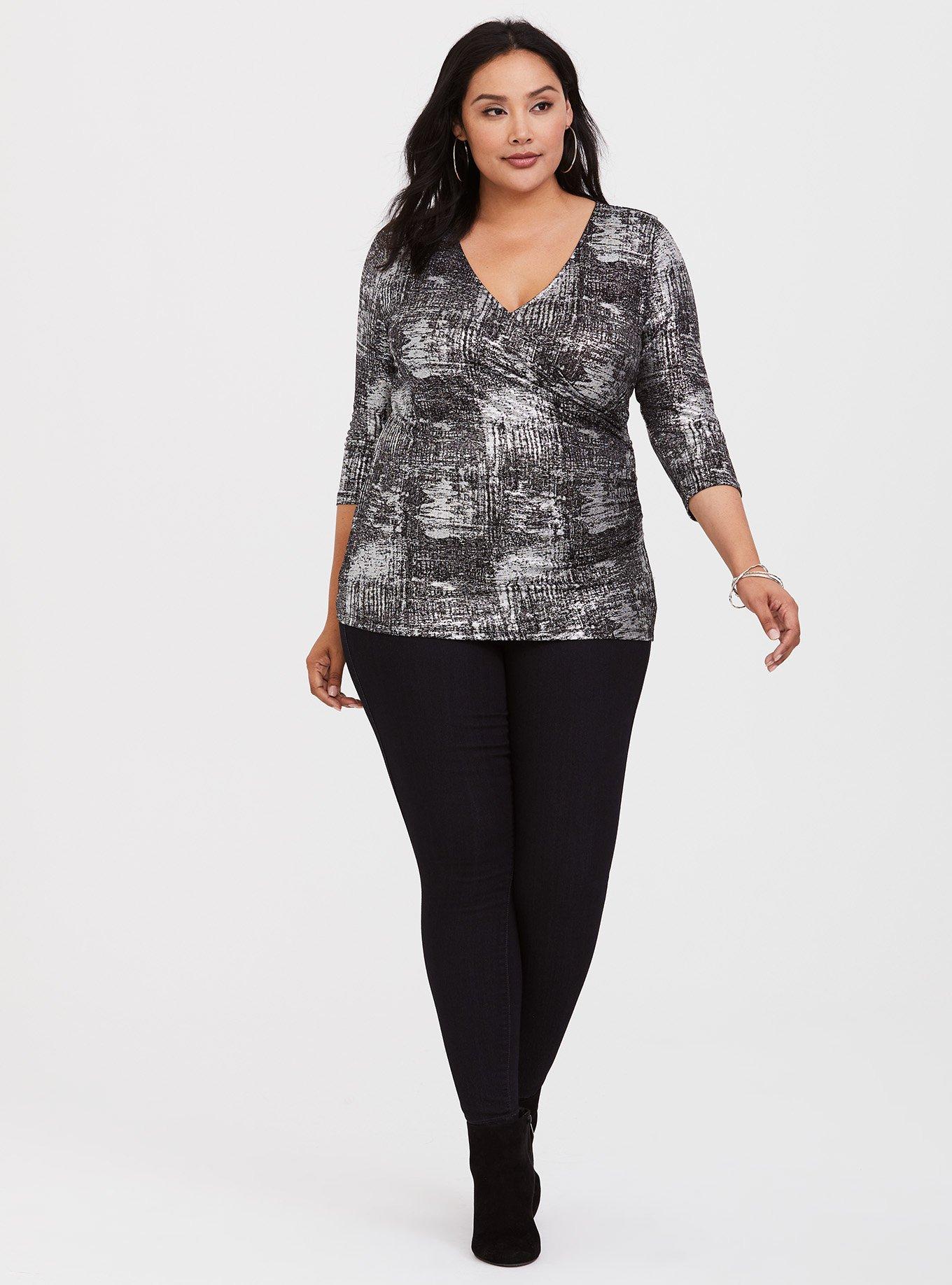 Plus Size - Black Foil Surplice Front Tee - Torrid