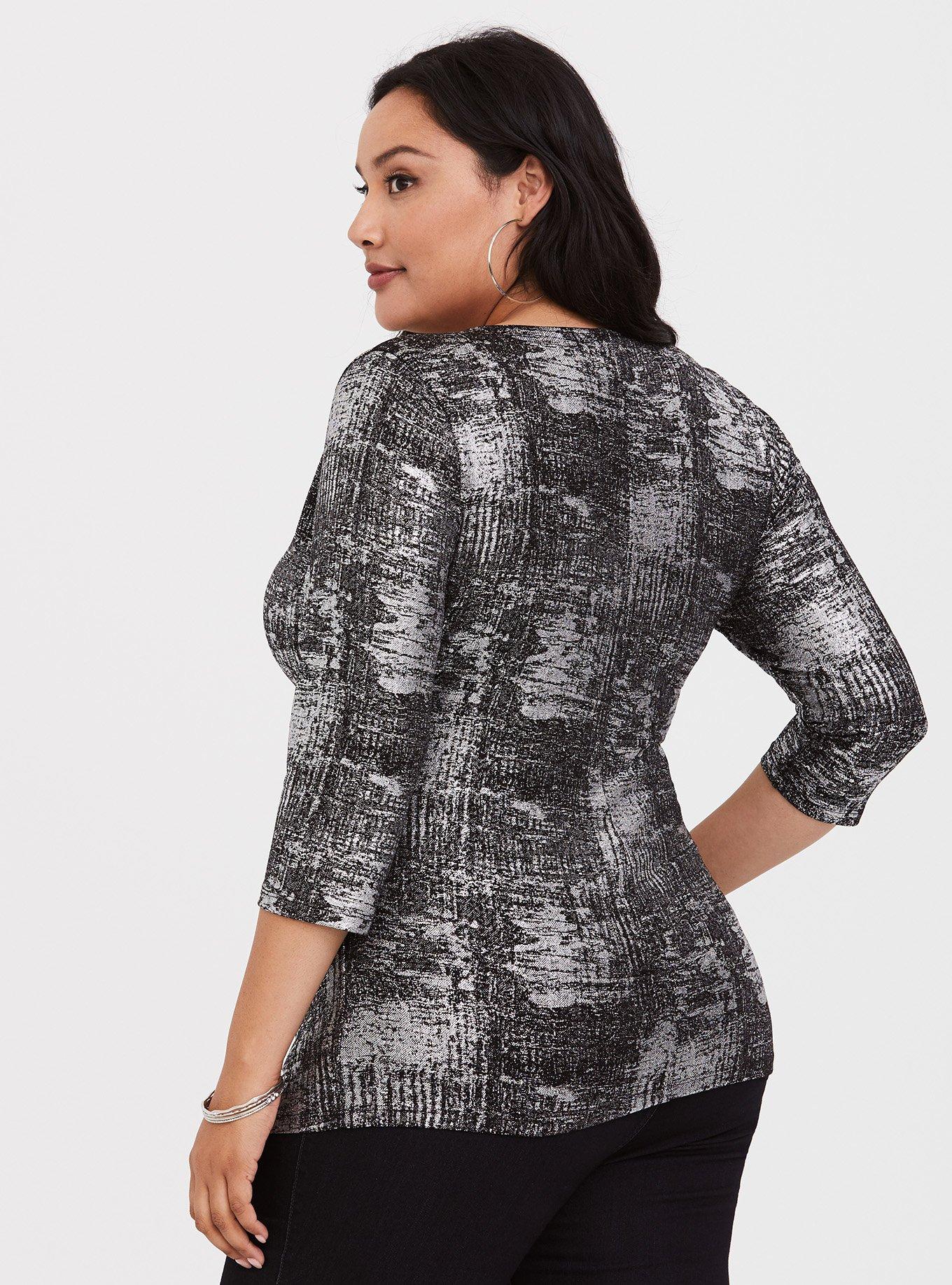 Plus Size - Black Foil Surplice Front Tee - Torrid