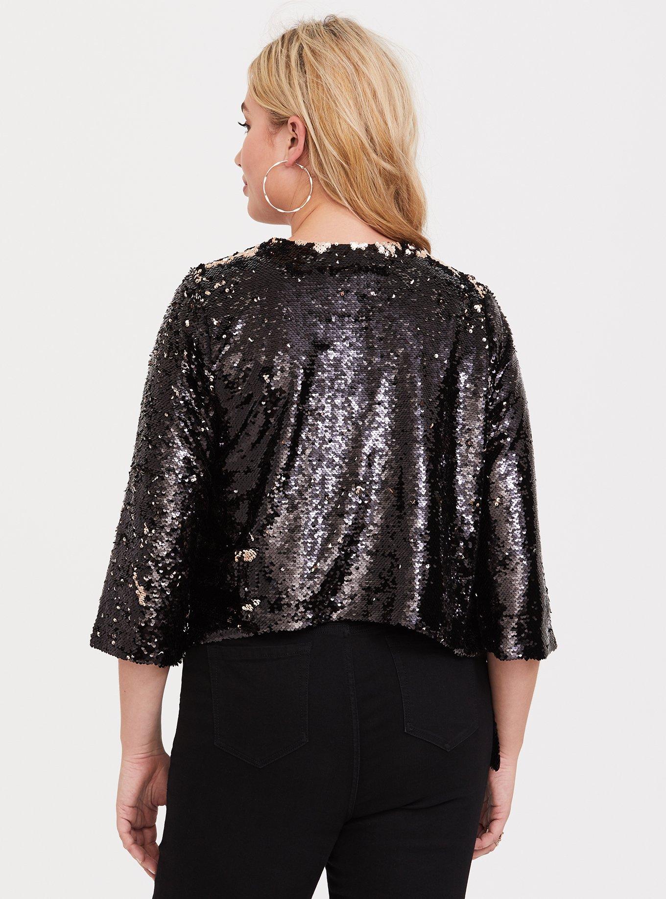 Plus Size - Black Two-Tone Sequin Drape Jacket - Torrid