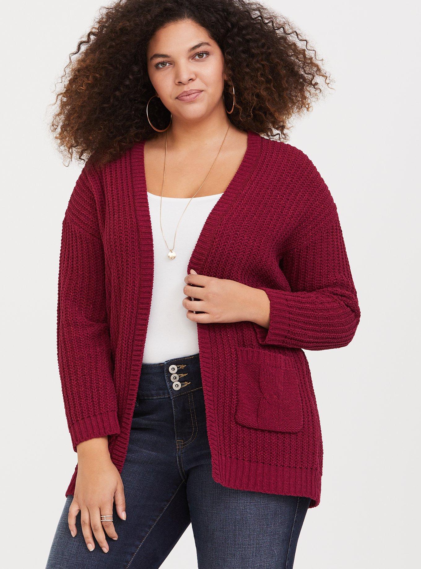Plus Size - Red Metallic Lurex Knit Cardigan - Torrid