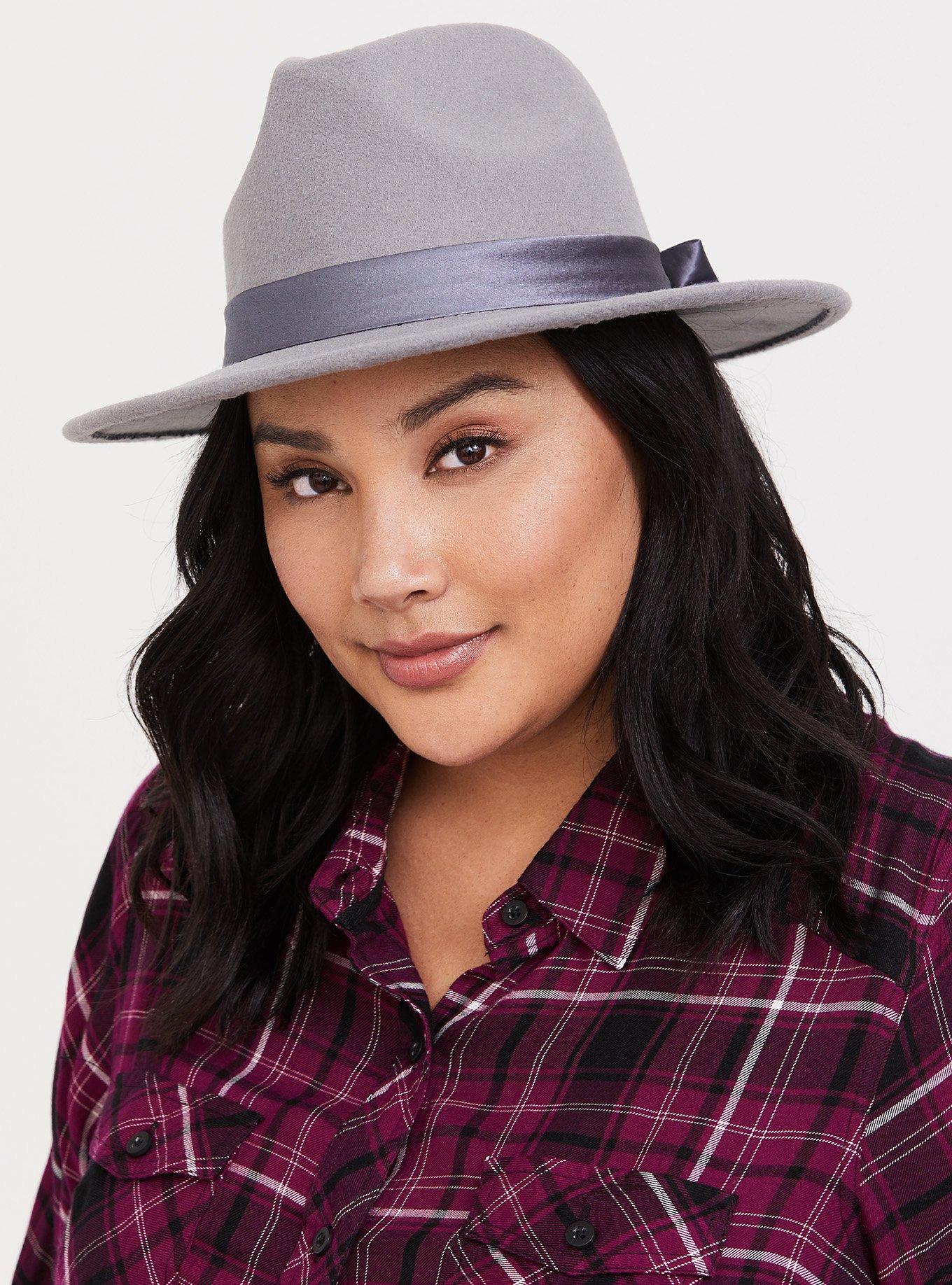 Plus Size - Grey Satin Bow Trim Felt Fedora - Torrid