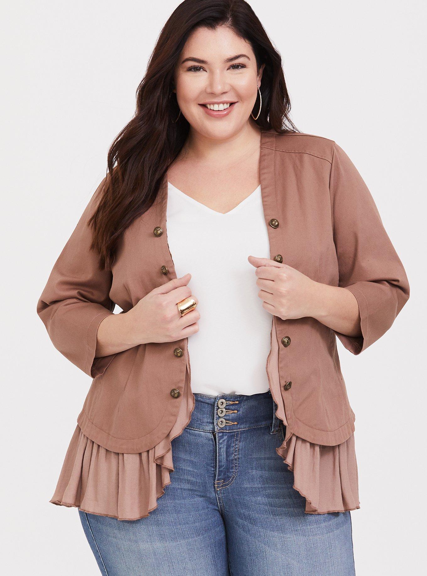 Plus Size - Tan Twill Georgette Peplum Jacket - Torrid