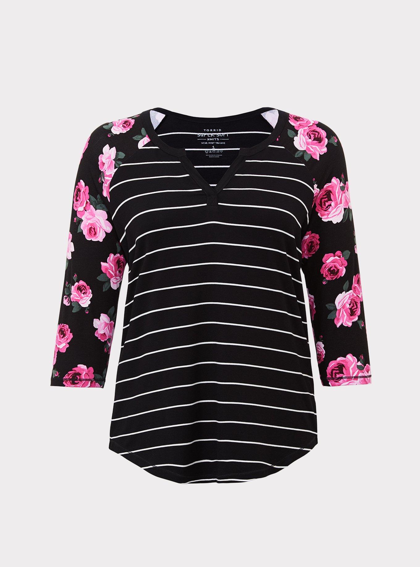 Plus Size - Black Floral Stripe Raglan Tee - Torrid