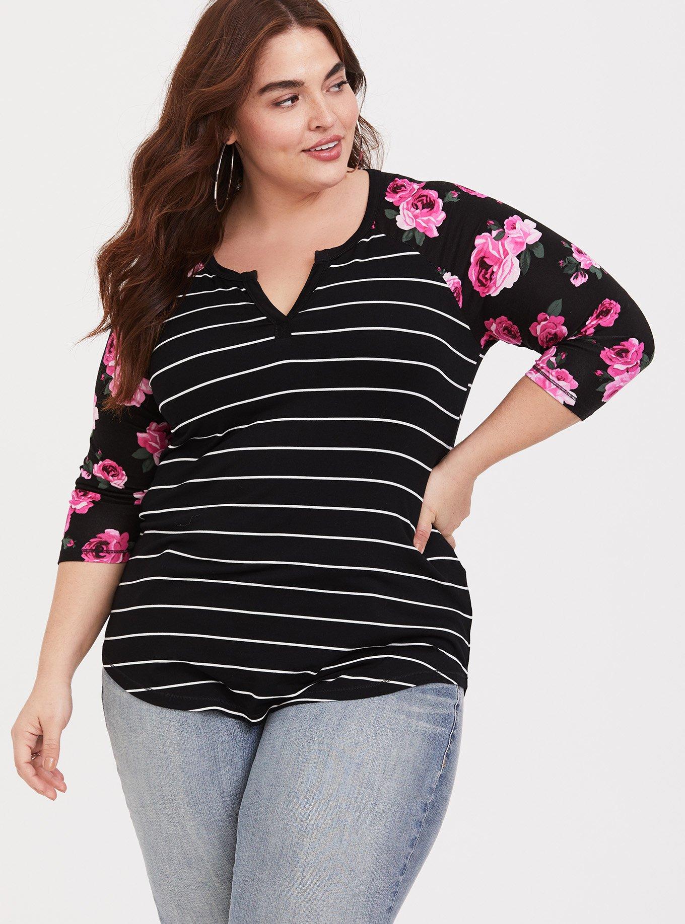 Plus Size - Black Floral Stripe Raglan Tee - Torrid
