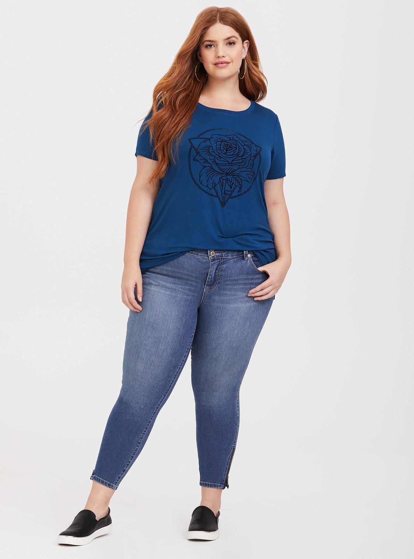 Plus Size - Blue Flocked Rose Crew Tee - Torrid