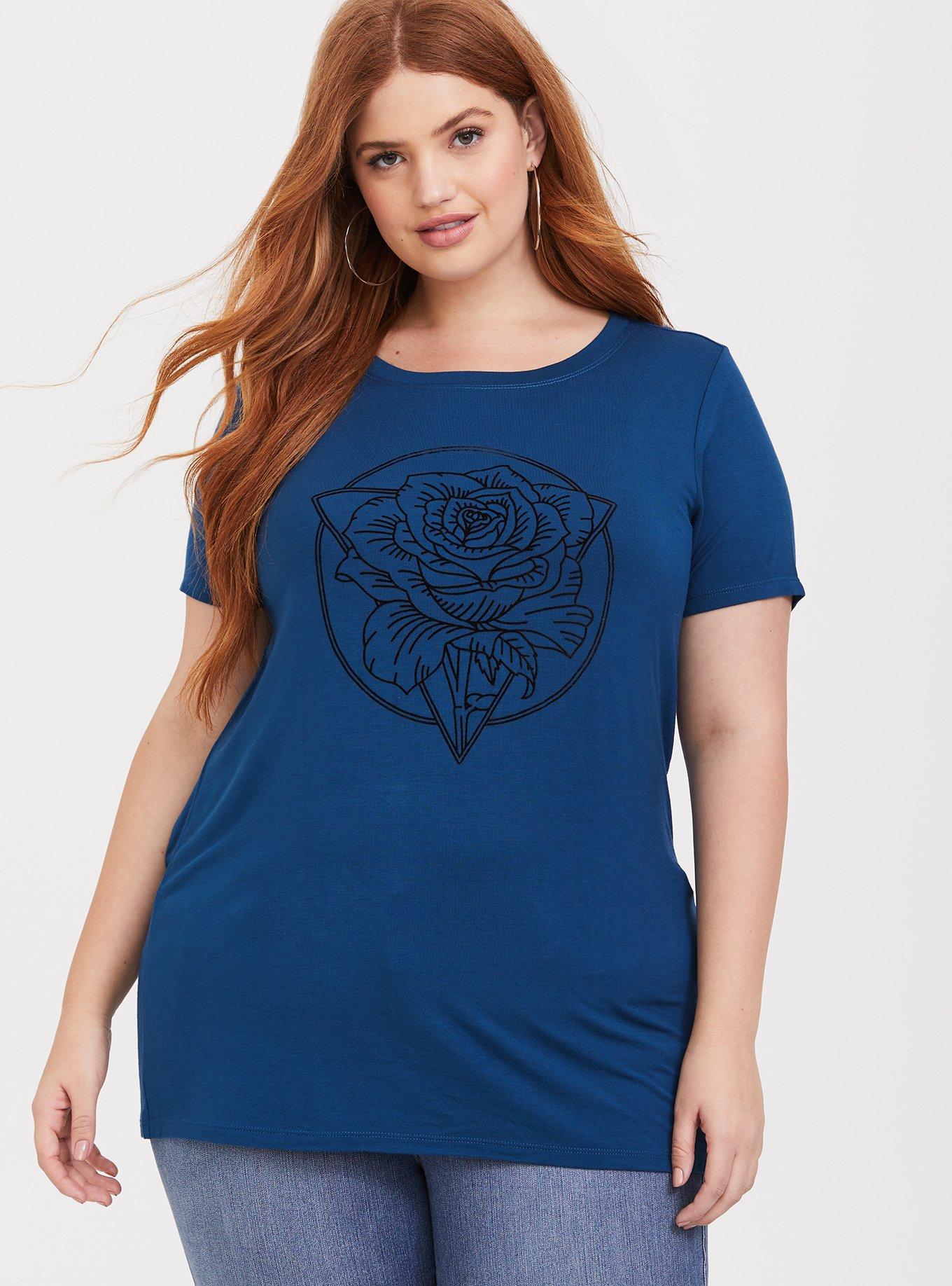 Plus Size - Blue Flocked Rose Crew Tee - Torrid