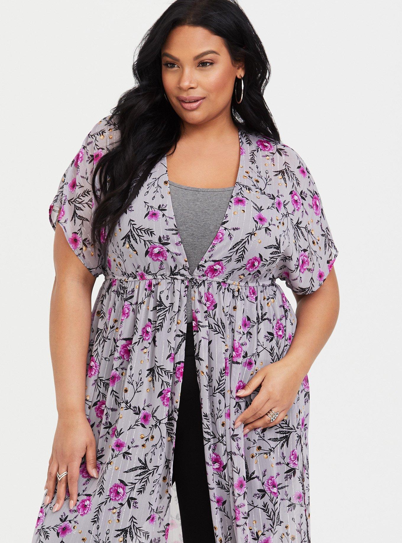Plus Size - Grey Floral Lurex Duster Kimono - Torrid