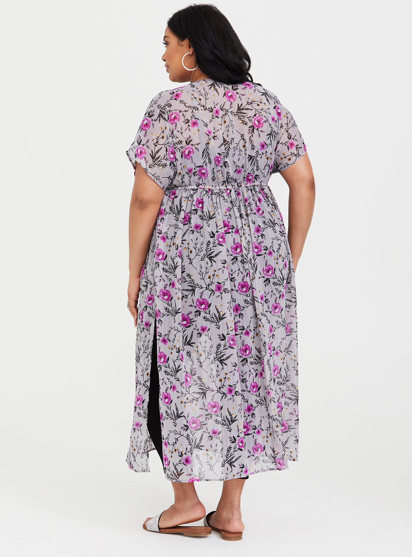 Plus Size - Grey Floral Lurex Duster Kimono - Torrid