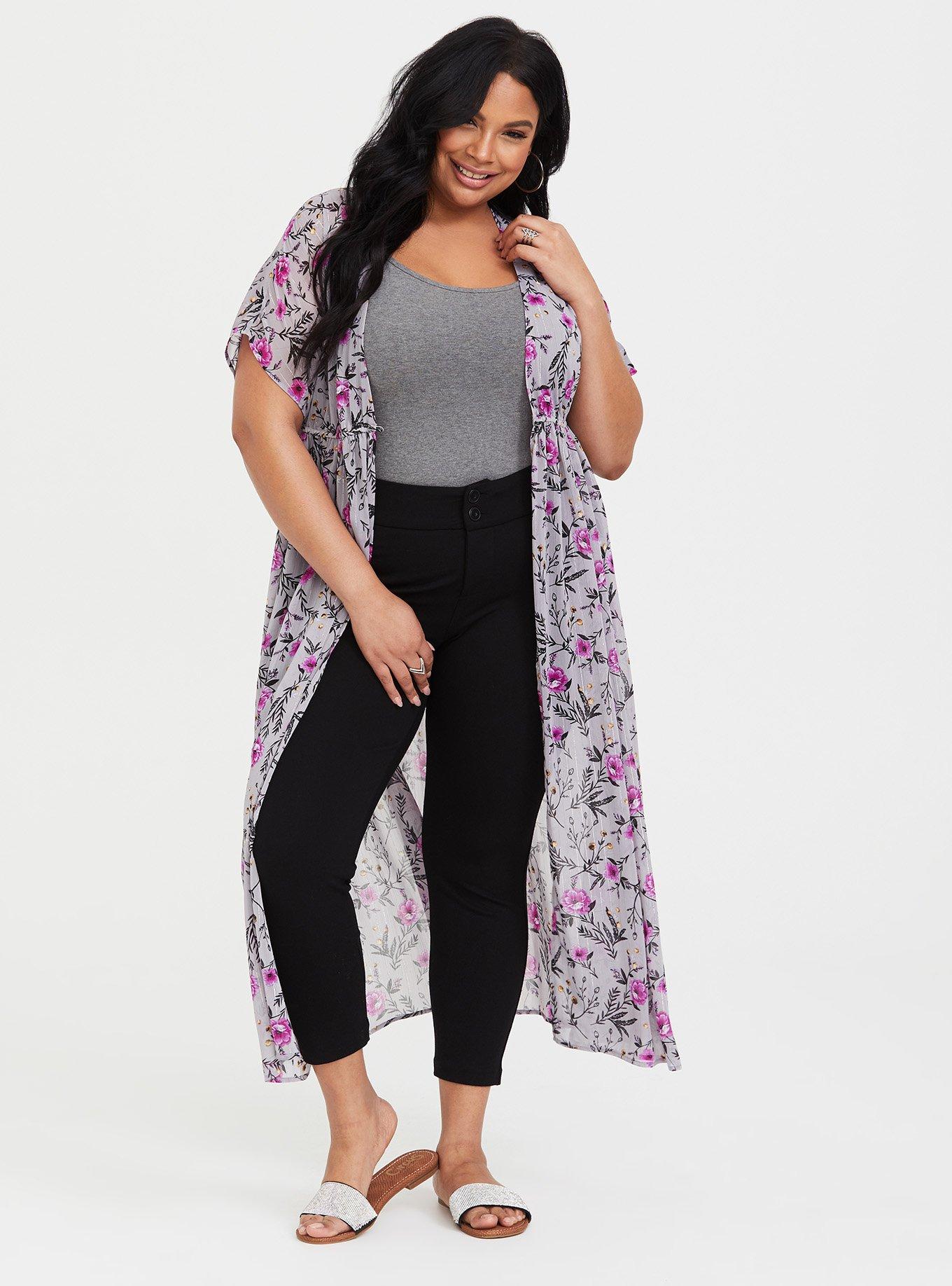 Plus Size - Grey Floral Lurex Duster Kimono - Torrid