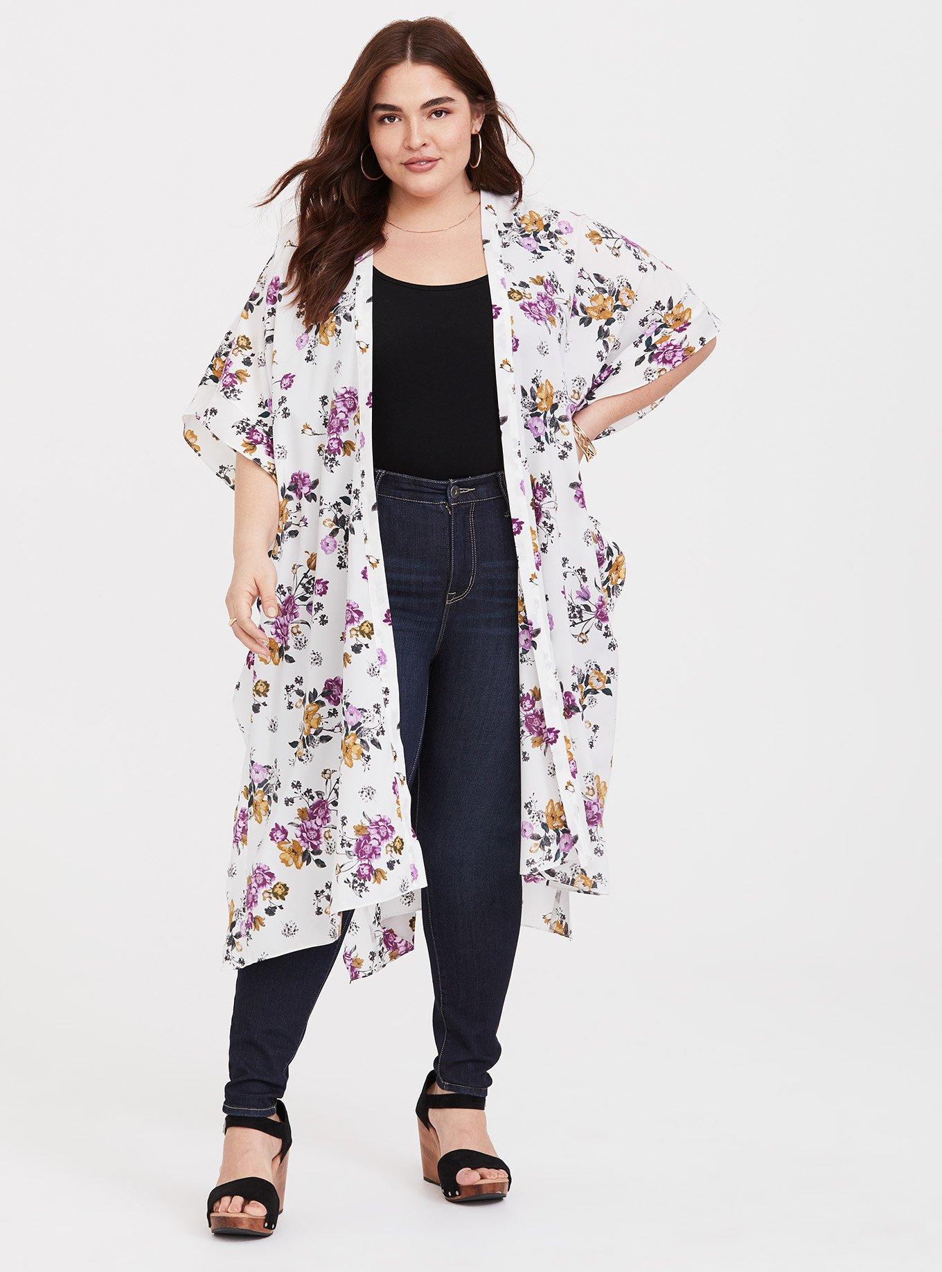 Plus Size - Ivory Floral Longline Ruana - Torrid