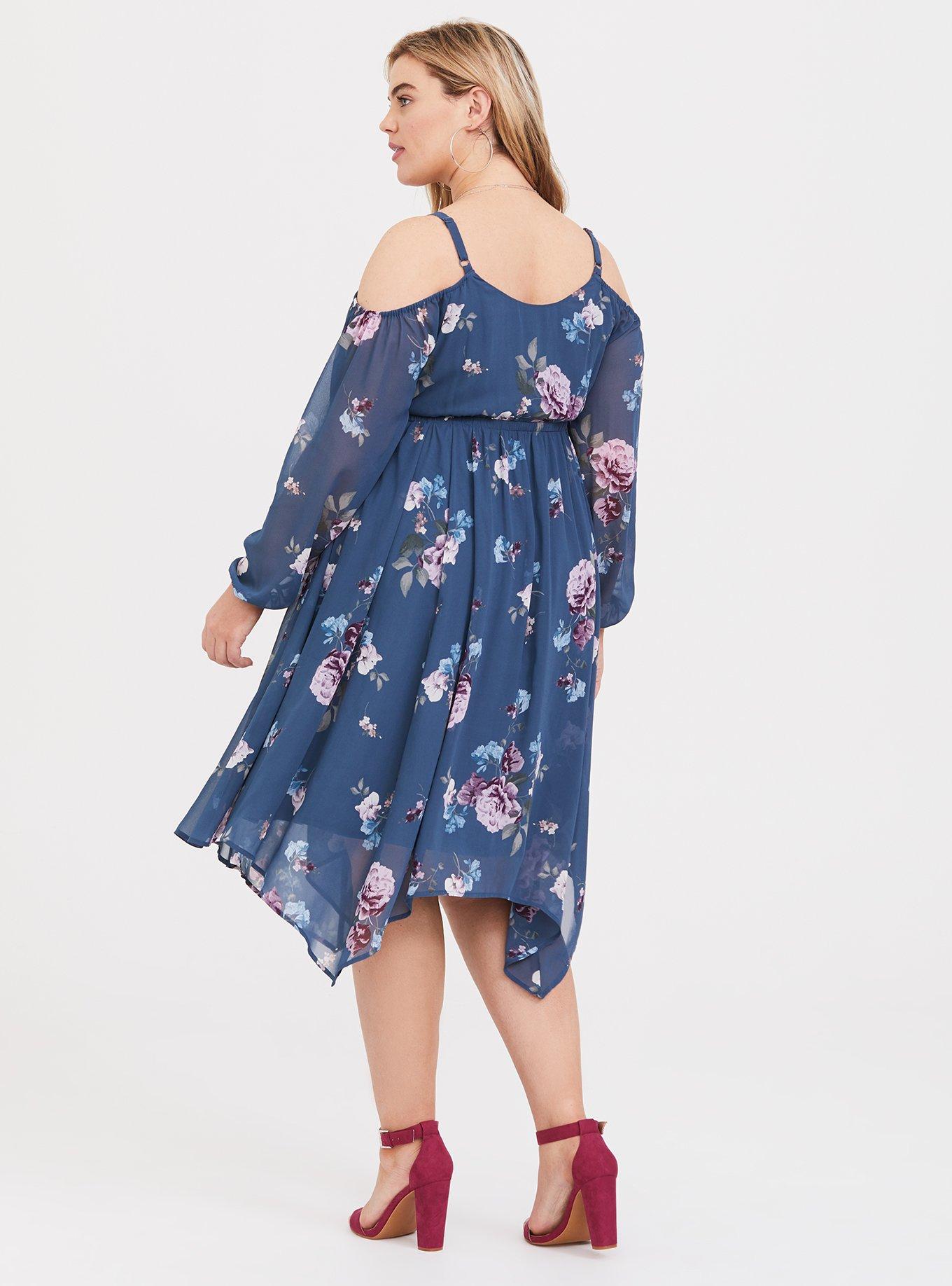 Plus Size - Blue Floral Cold Shoulder Chiffon Dress - Torrid