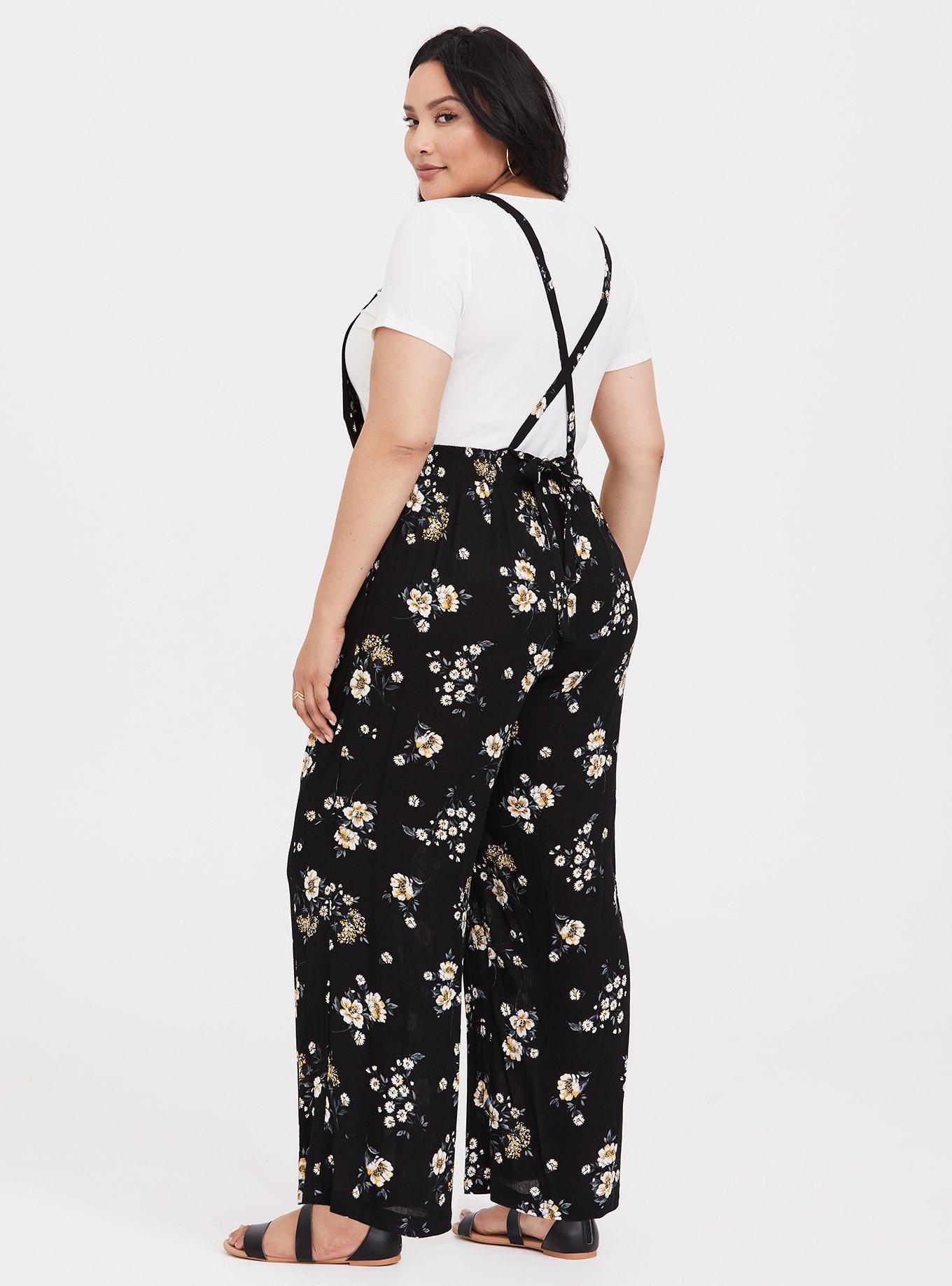 Plus Size - Black Floral Gauze Wide Leg Jumper - Torrid