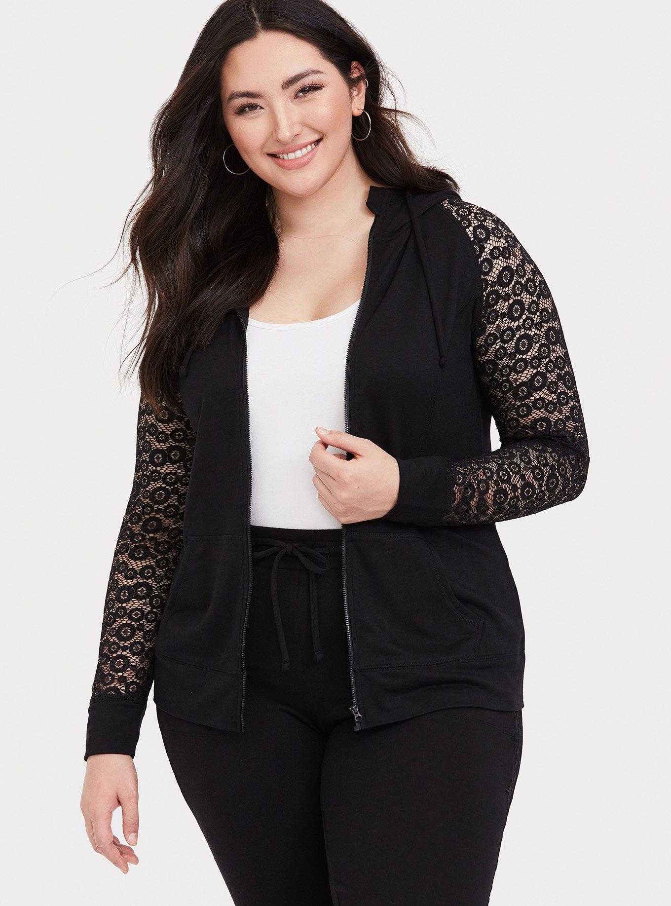 Plus Size - Black Lace Sleeve Zip Jacket - Torrid