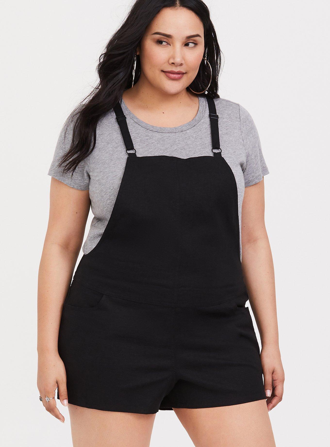 Plus Size - Black Stretch Linen Shortall - Torrid