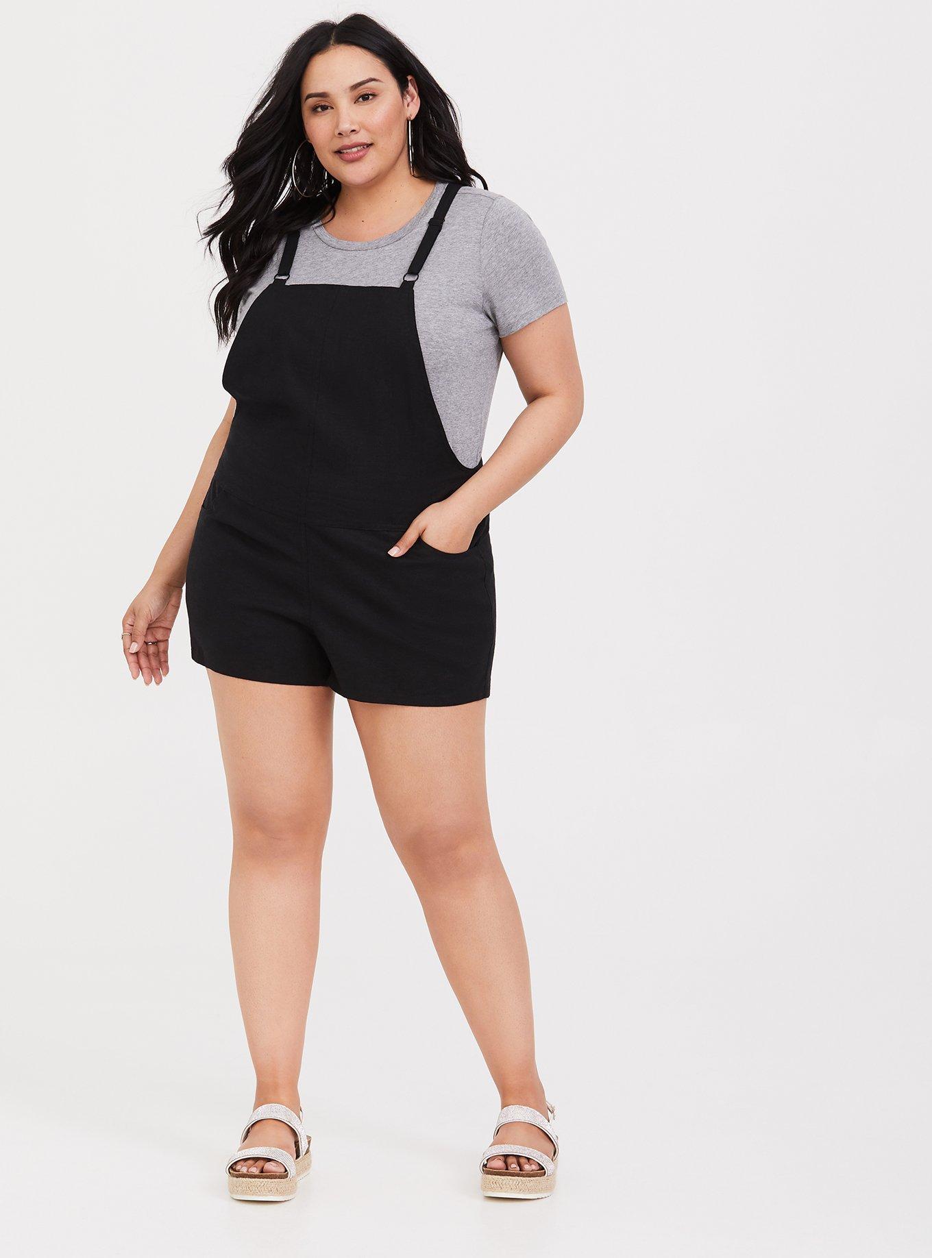Plus Size - Black Stretch Linen Shortall - Torrid
