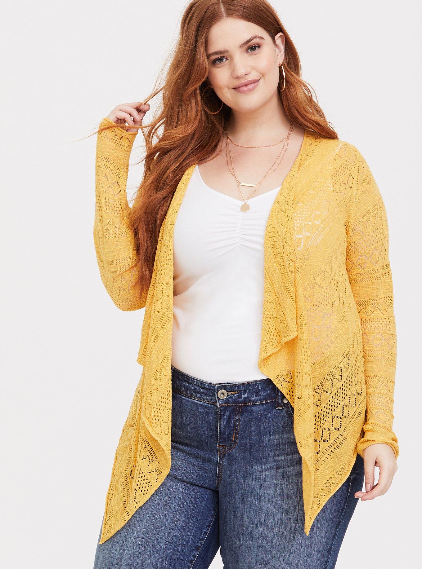 Plus Size - Yellow Pointelle Drape Cardigan - Torrid