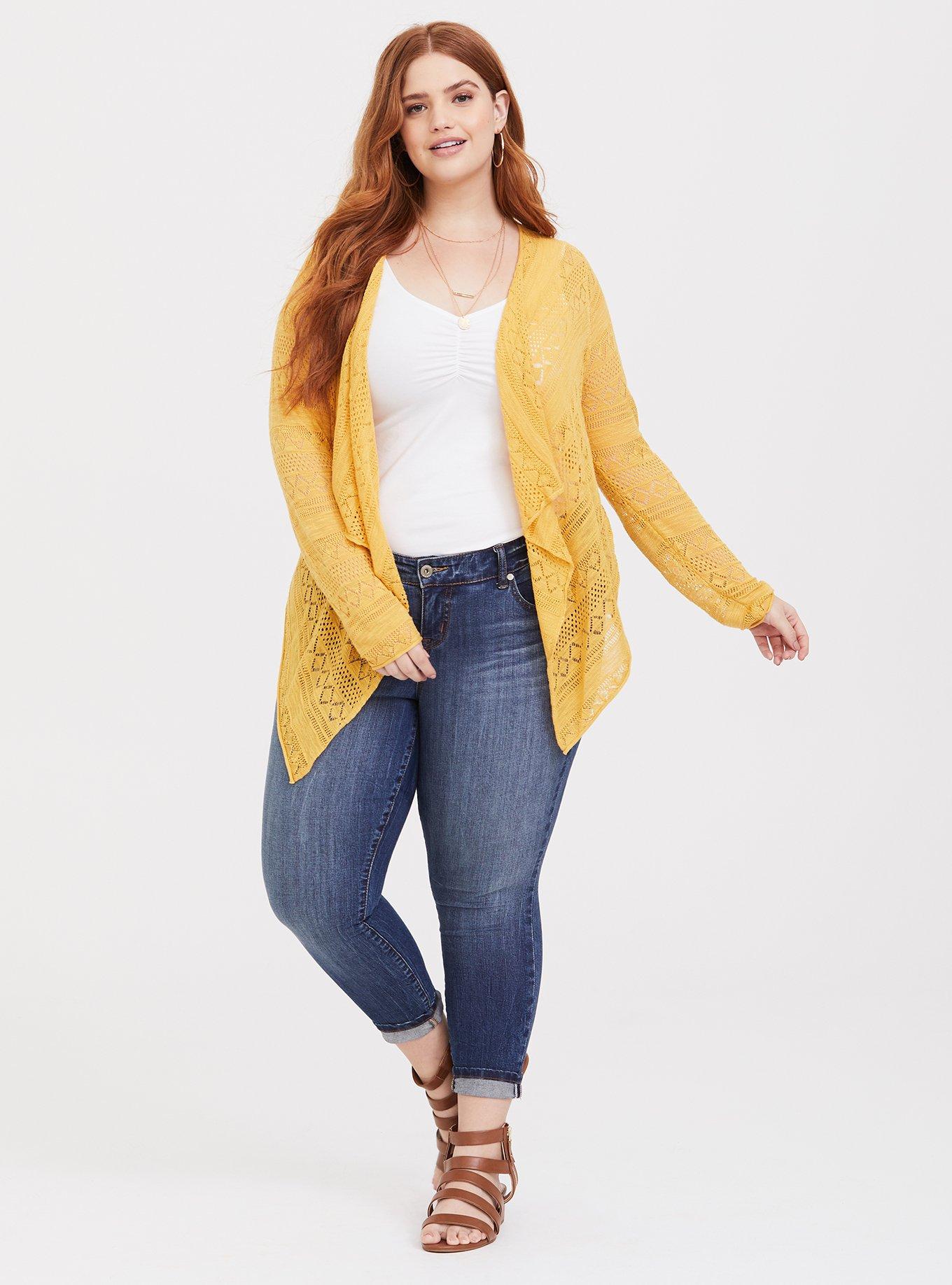 Plus Size - Yellow Pointelle Drape Cardigan - Torrid