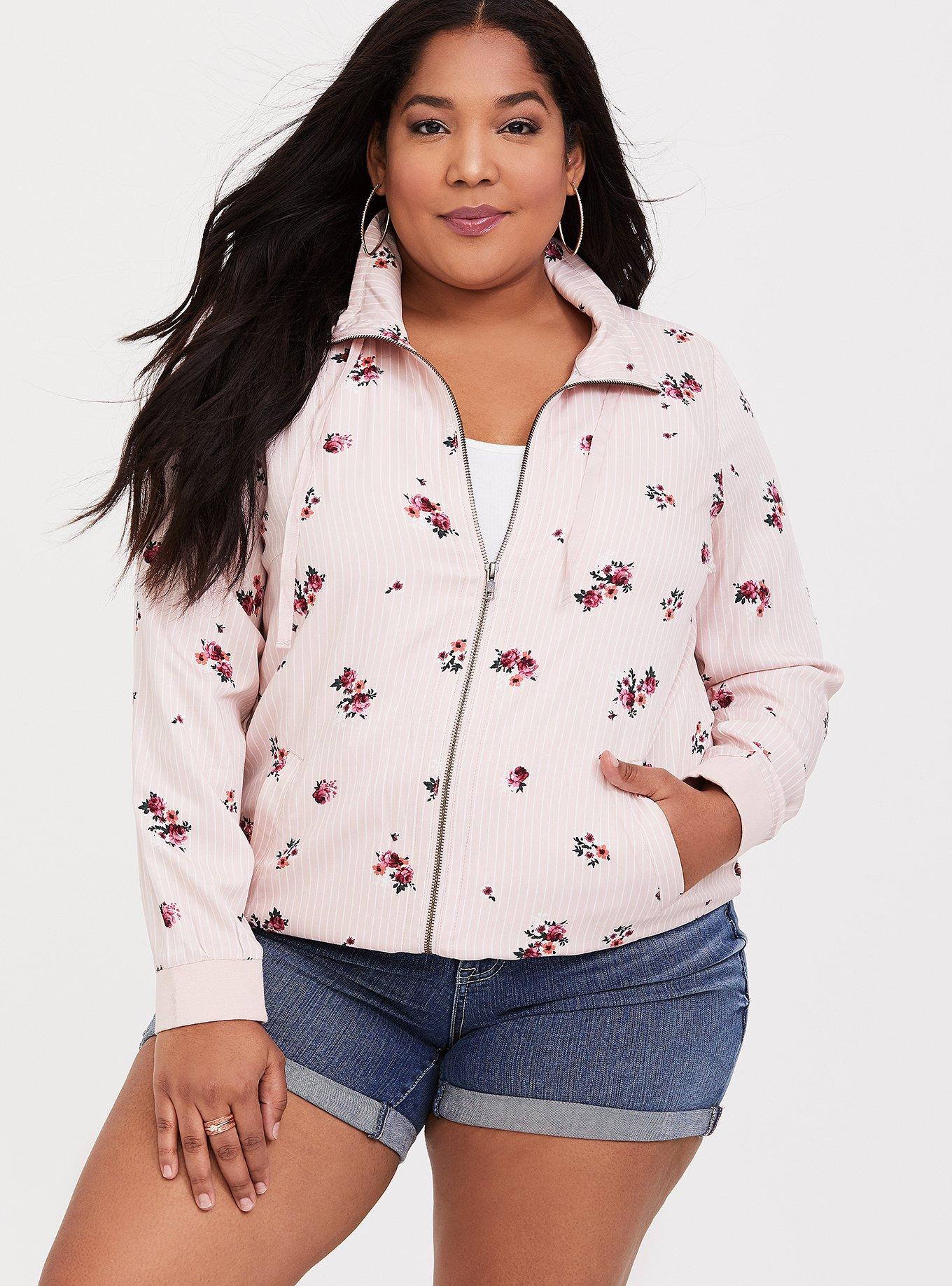 Plus Size - Pink Floral Stripe Twill Track Jacket - Torrid