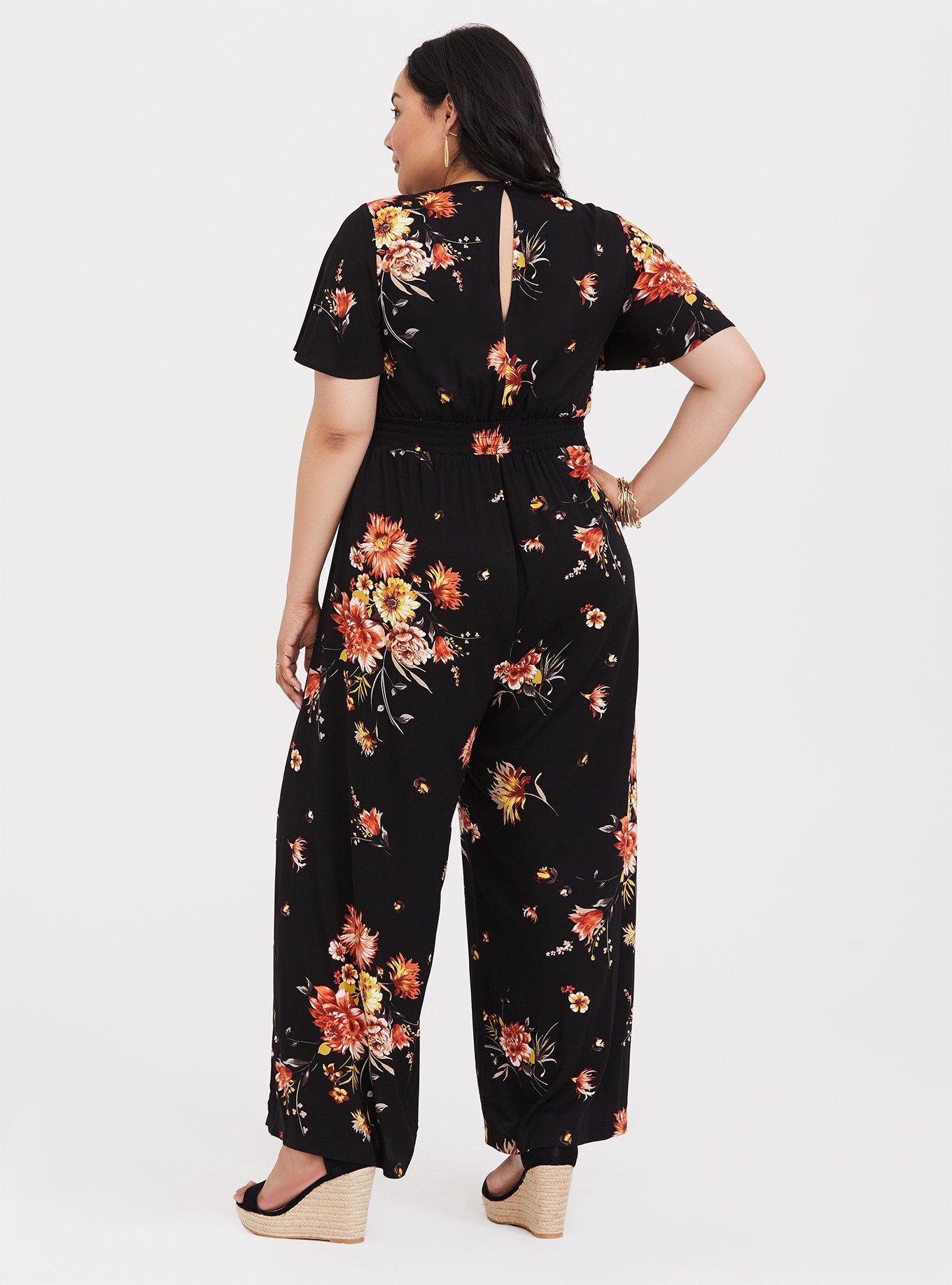 Plus Size - Black Floral Challis Tulip Leg Jumpsuit - Torrid