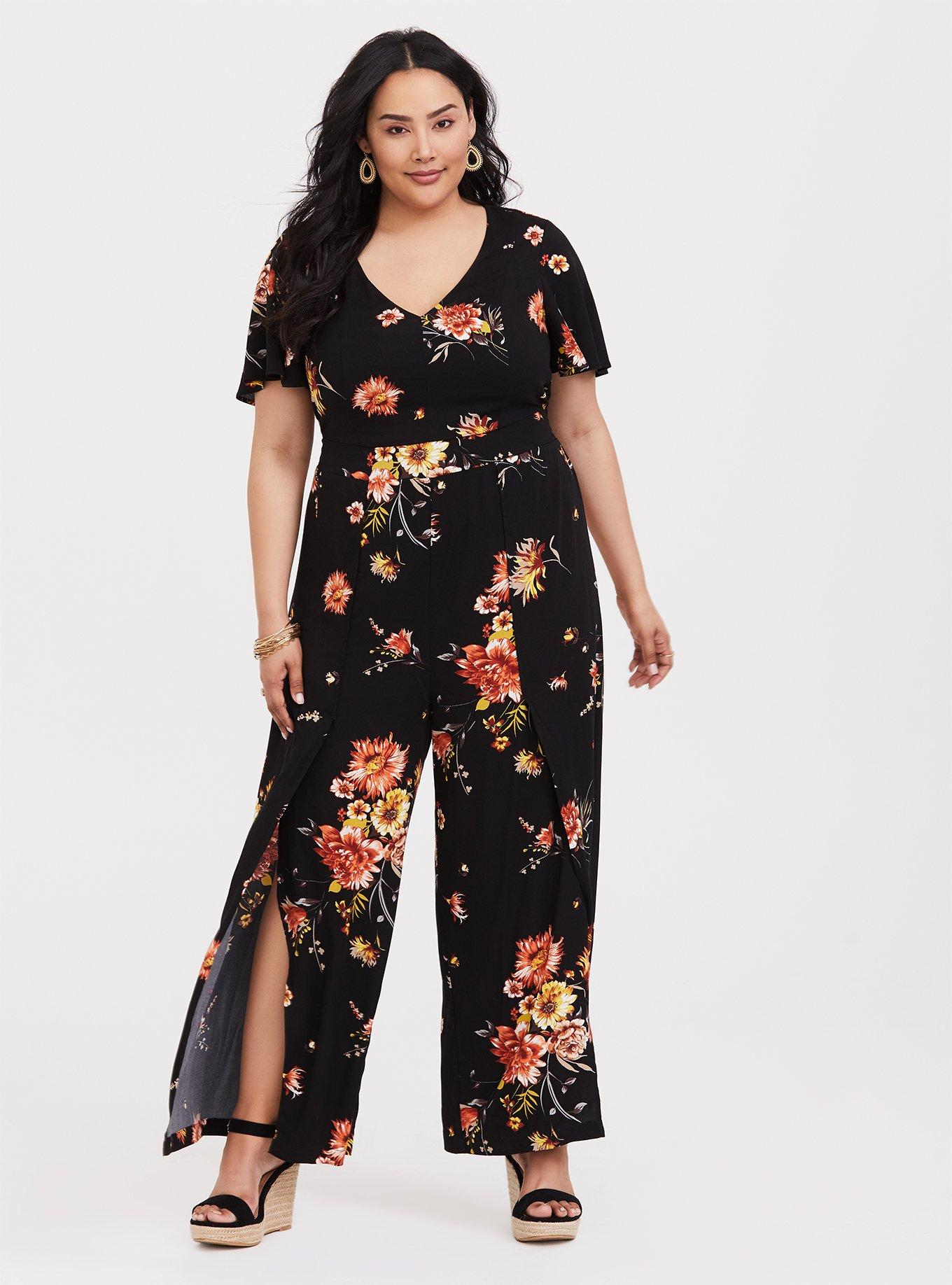 Plus Size - Black Floral Challis Tulip Leg Jumpsuit - Torrid