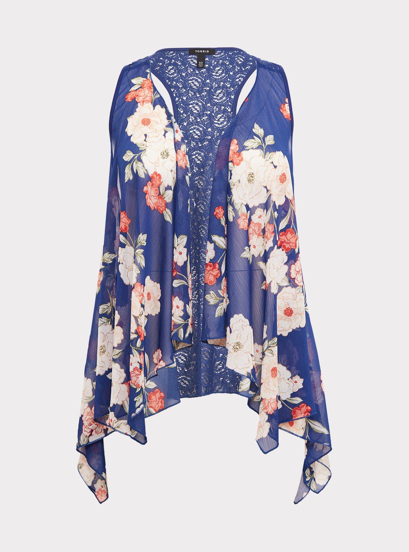 Plus Size - Blue Floral Lace Chiffon Vest - Torrid