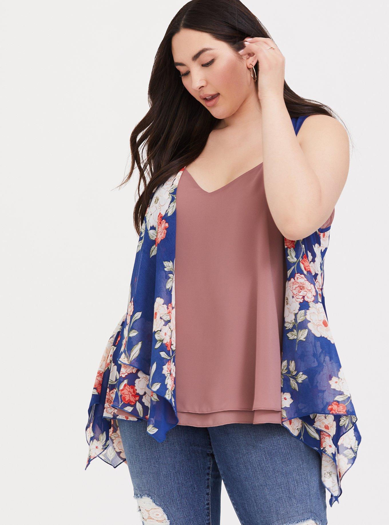 Plus Size - Blue Floral Lace Chiffon Vest - Torrid