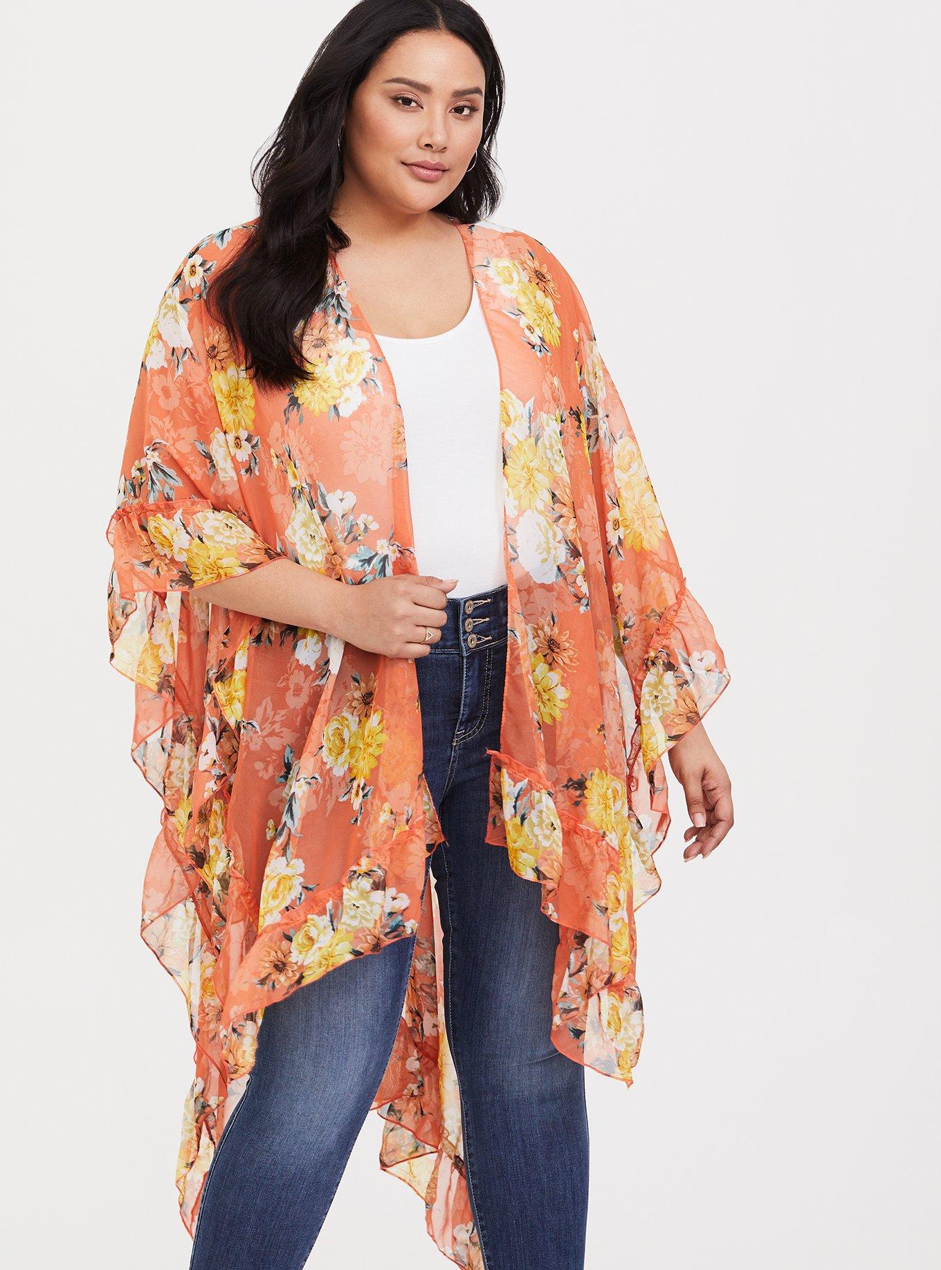 Plus Size - Orange Floral Chiffon Ruana - Torrid