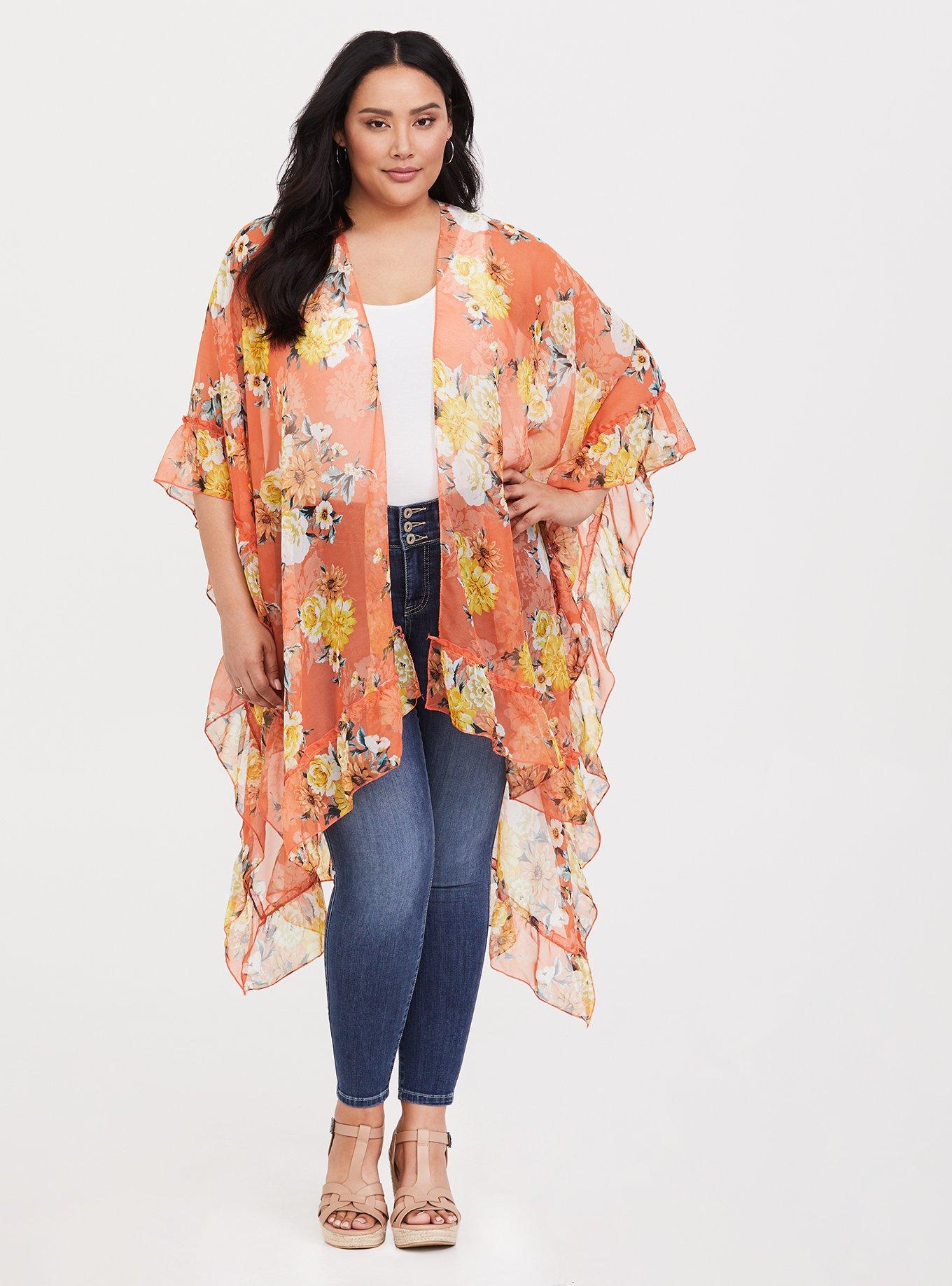 Plus Size - Orange Floral Chiffon Ruana - Torrid