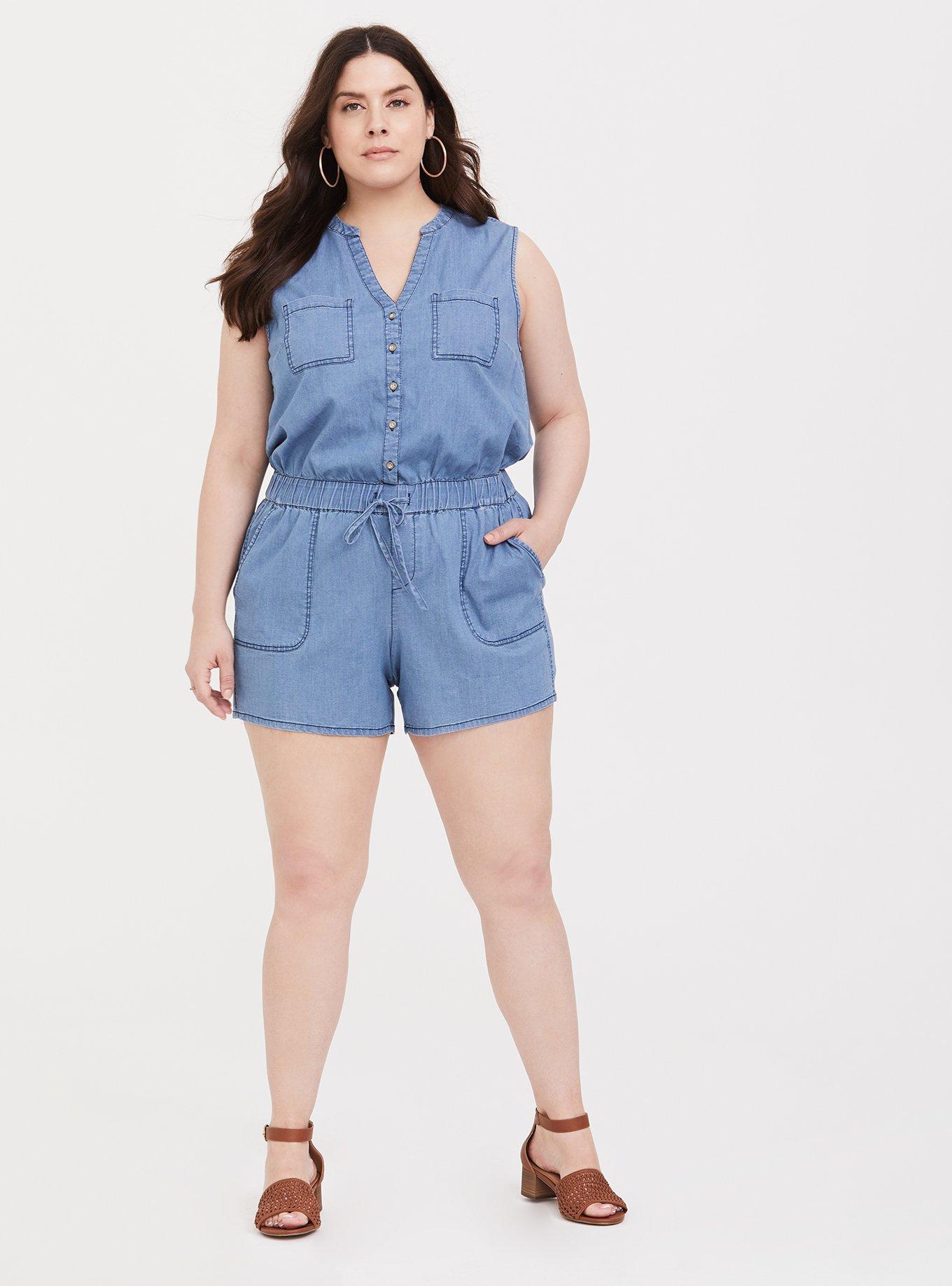 Plus Size - Drawstring Waist Romper - Medium Wash - Torrid