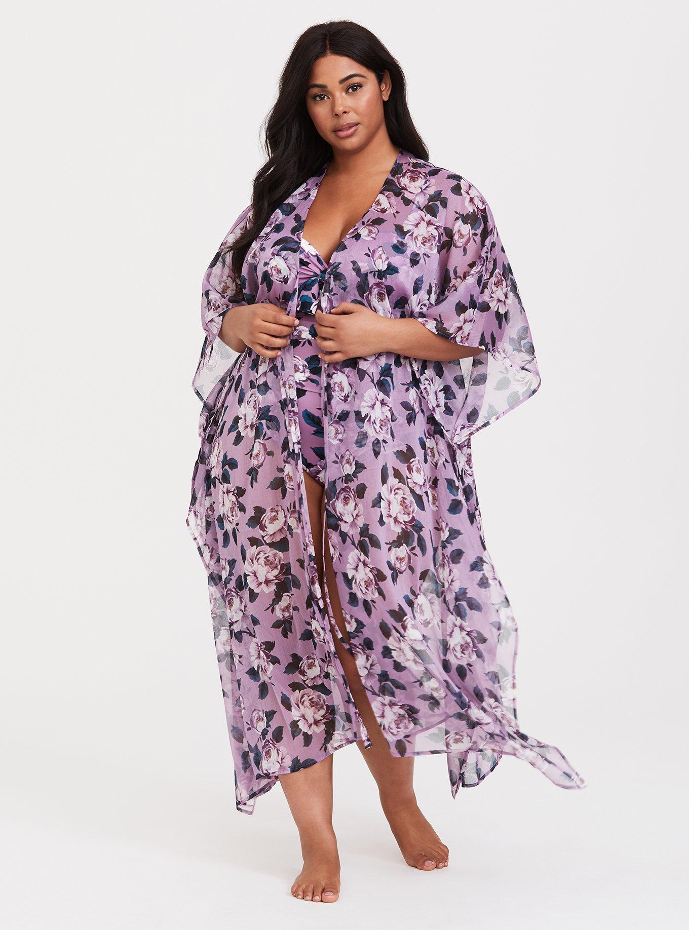 Plus Size - Lavender Purple Floral Tie-Front Kaftan Swim Cover-Up - Torrid