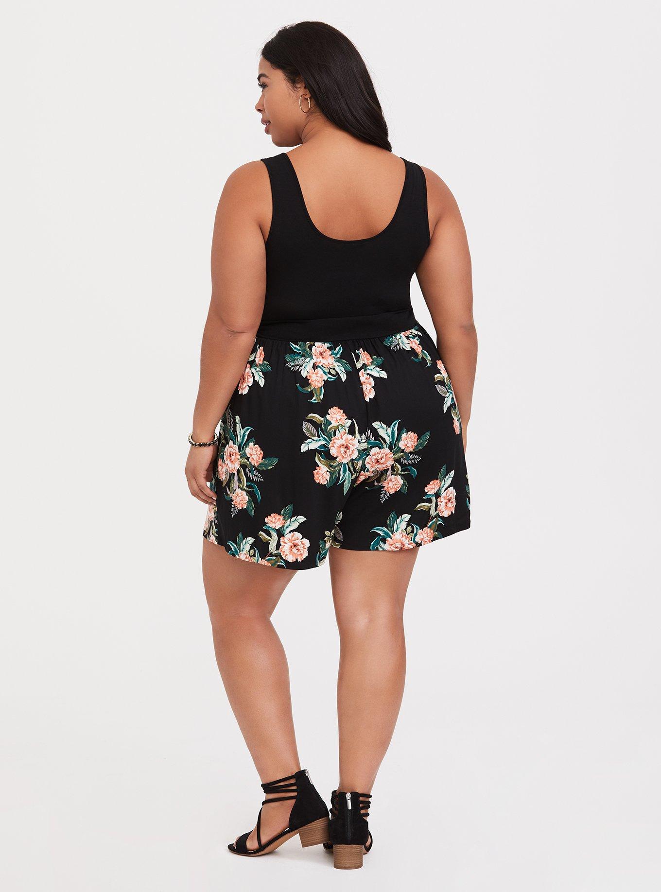Plus Size - Black Floral Knit to Woven Challis Romper - Torrid