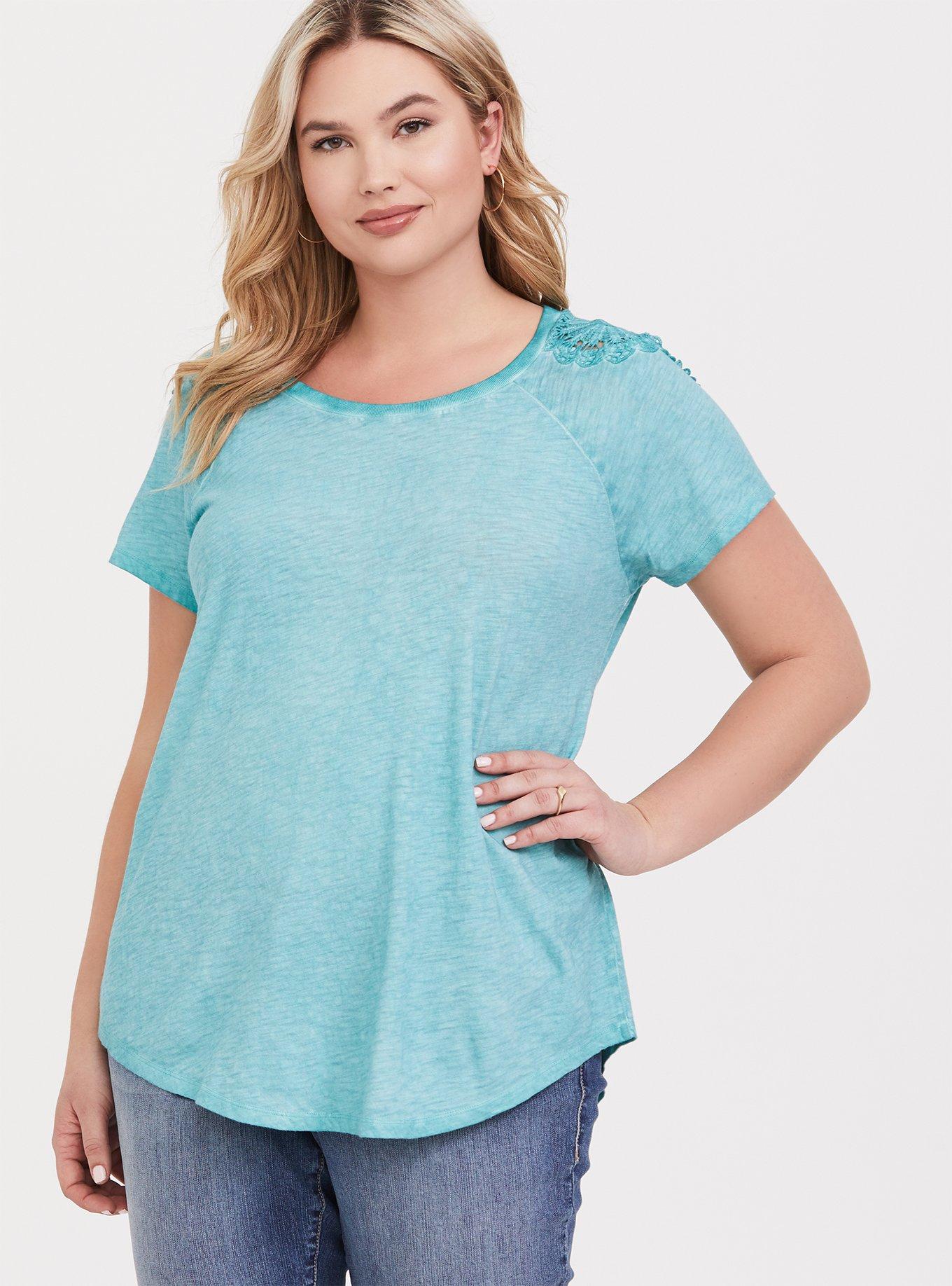 Plus Size - Aqua Blue Lace Inset Raglan Tee - Torrid
