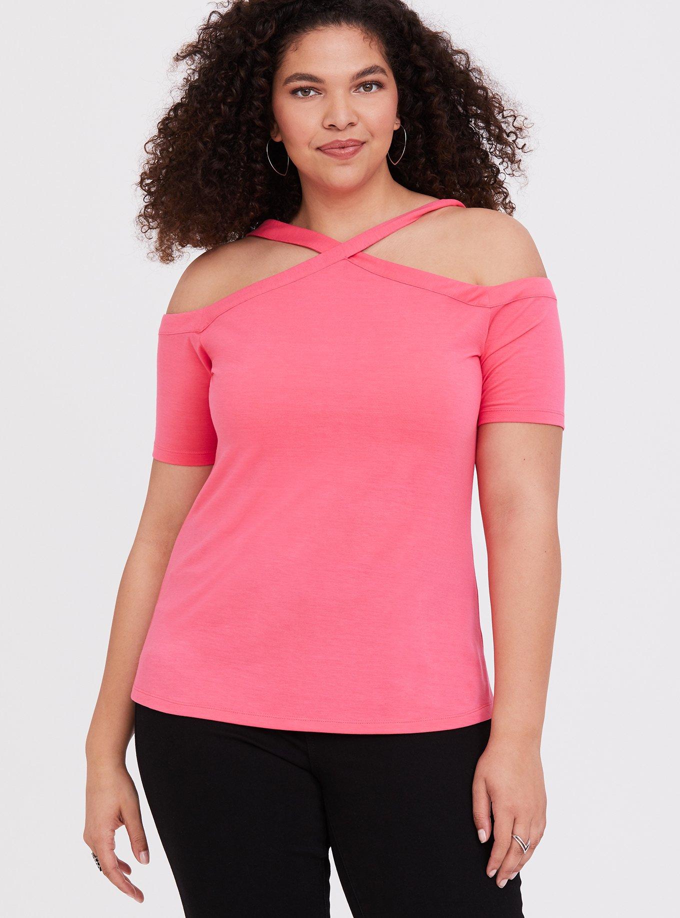 Plus Size - Pink Cross Neck Cold Shoulder Foxy Tee - Torrid