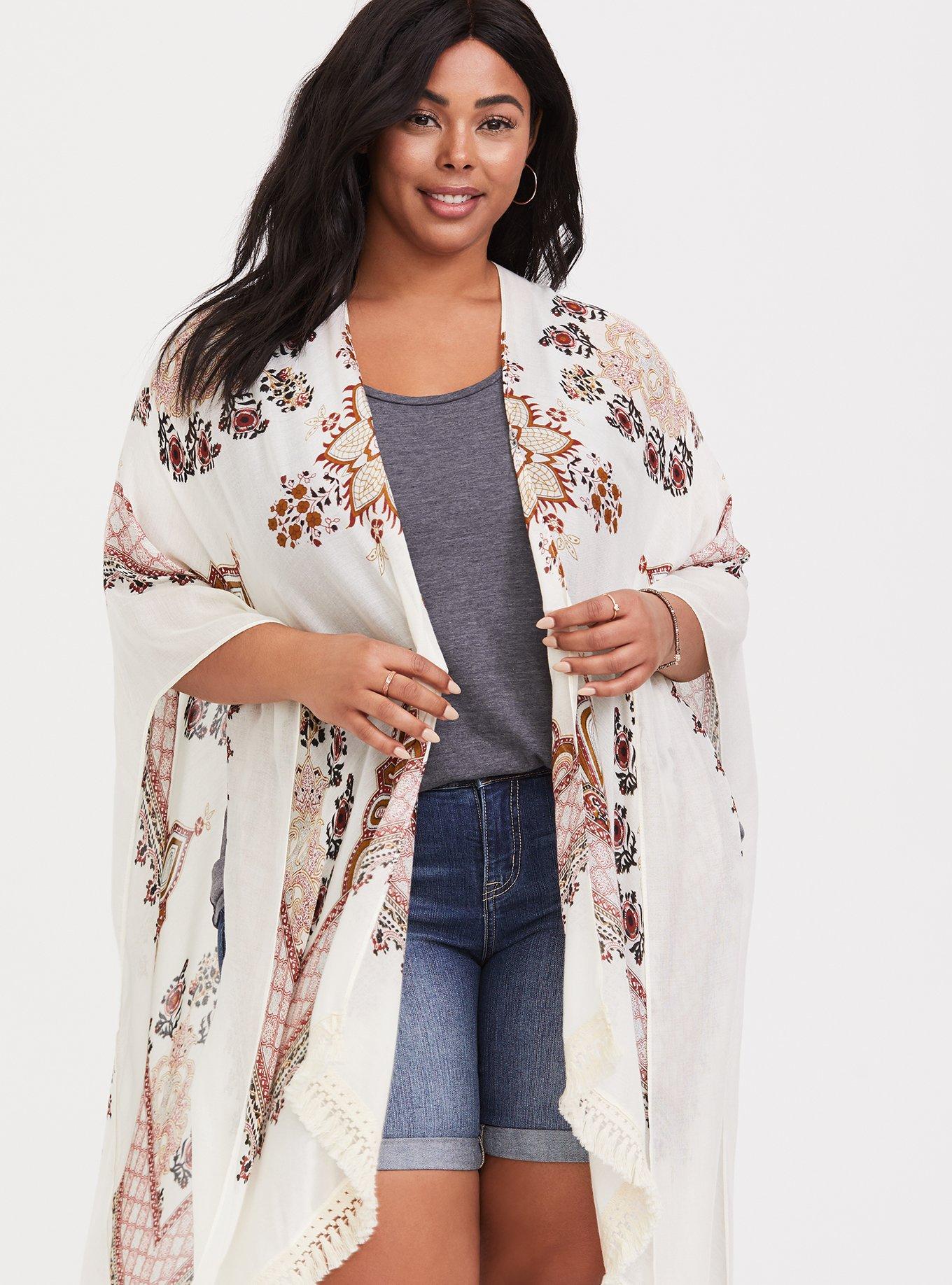 Plus Size - Ivory Mandala Fringe Ruana - Torrid