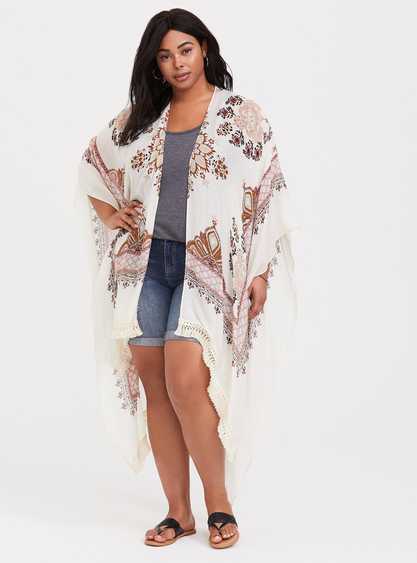 Plus Size - Ivory Mandala Fringe Ruana - Torrid