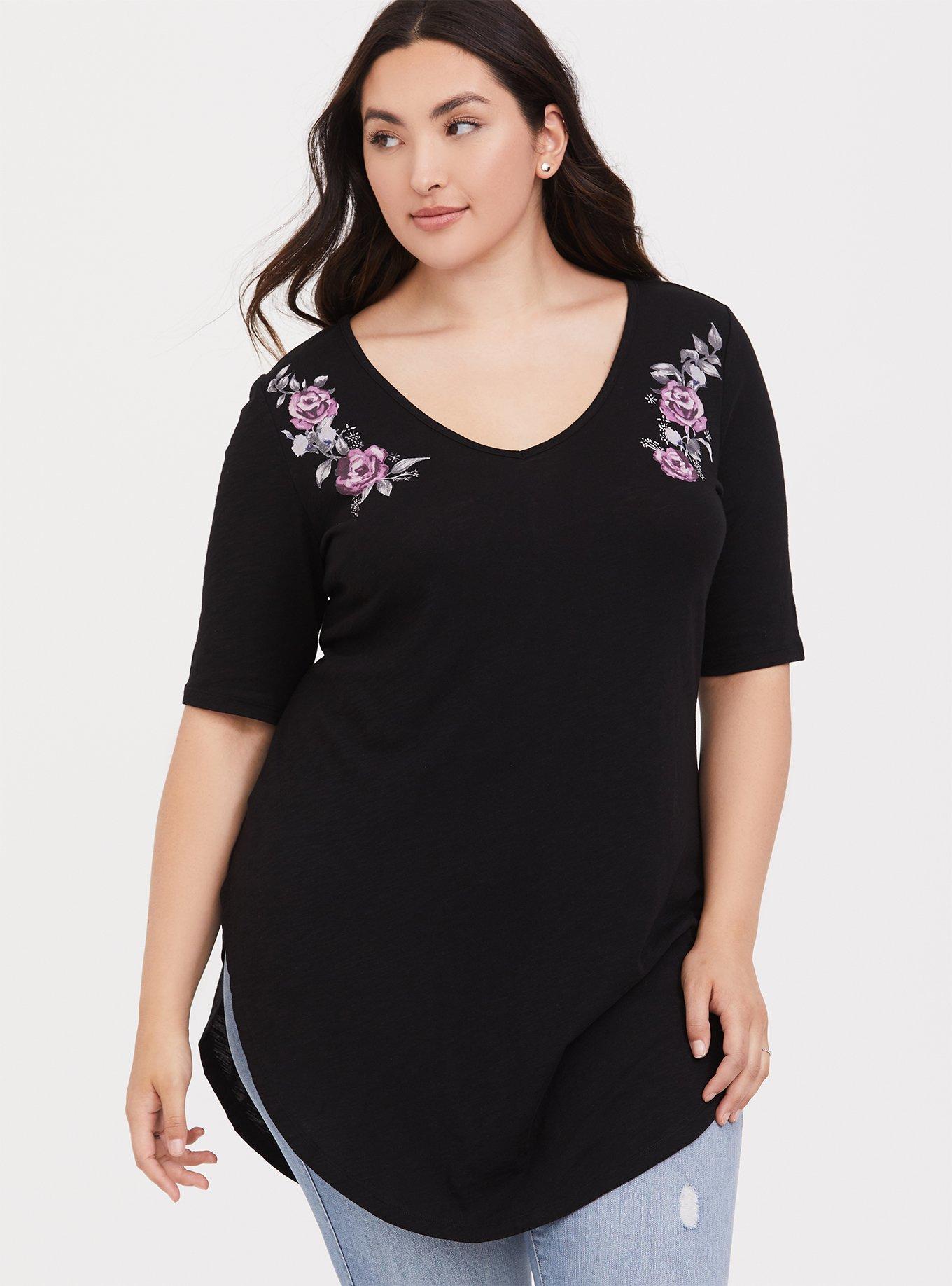 Plus Size - Super Soft Black Floral V-Neck Long Tunic Tee - Torrid