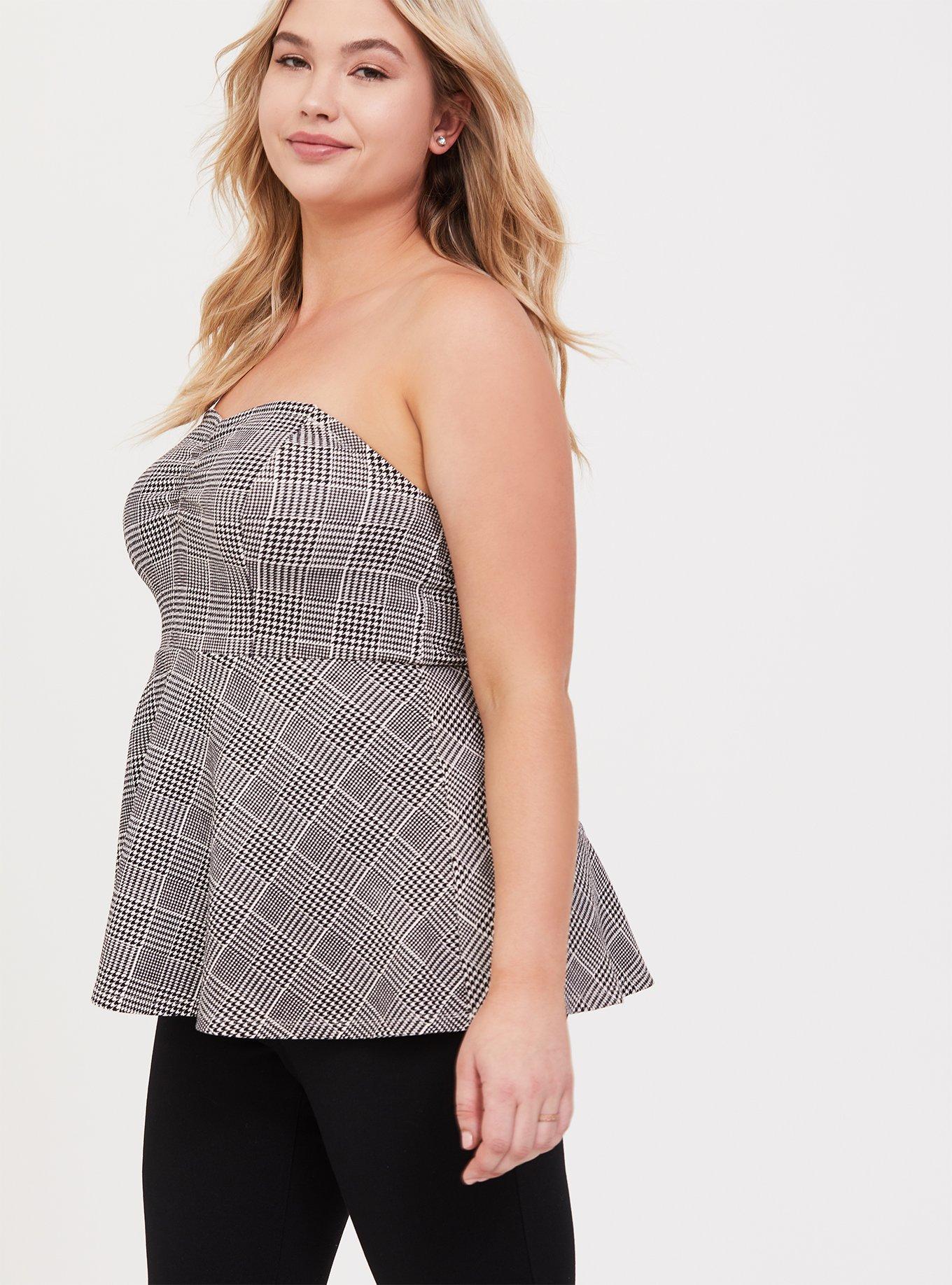 Plus Size - Black & White Plaid Houndstooth Peplum Top - Torrid