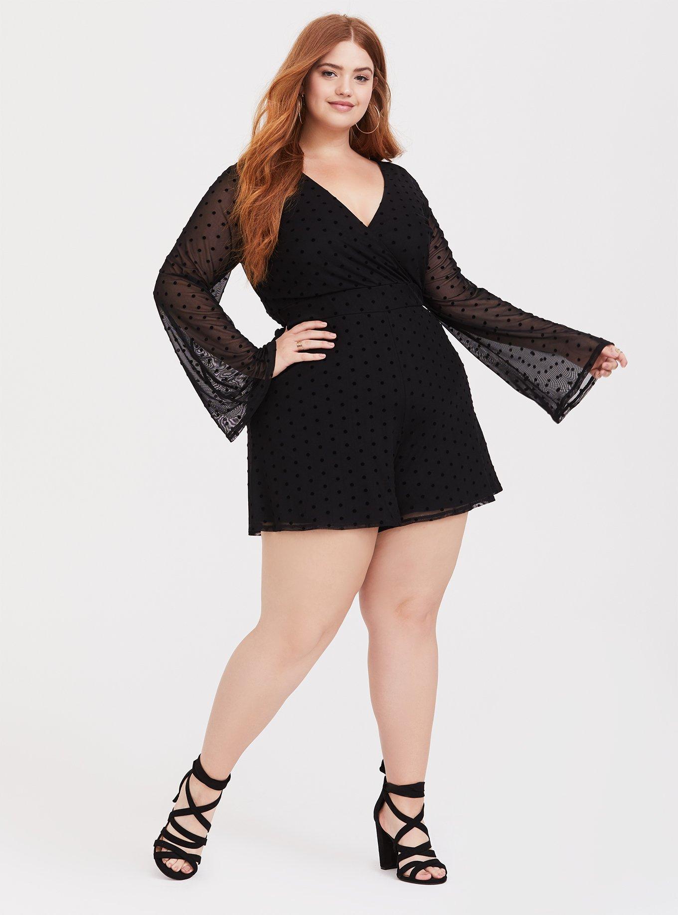 Plus Size - Black Swiss Dot Bell Sleeve Romper - Torrid
