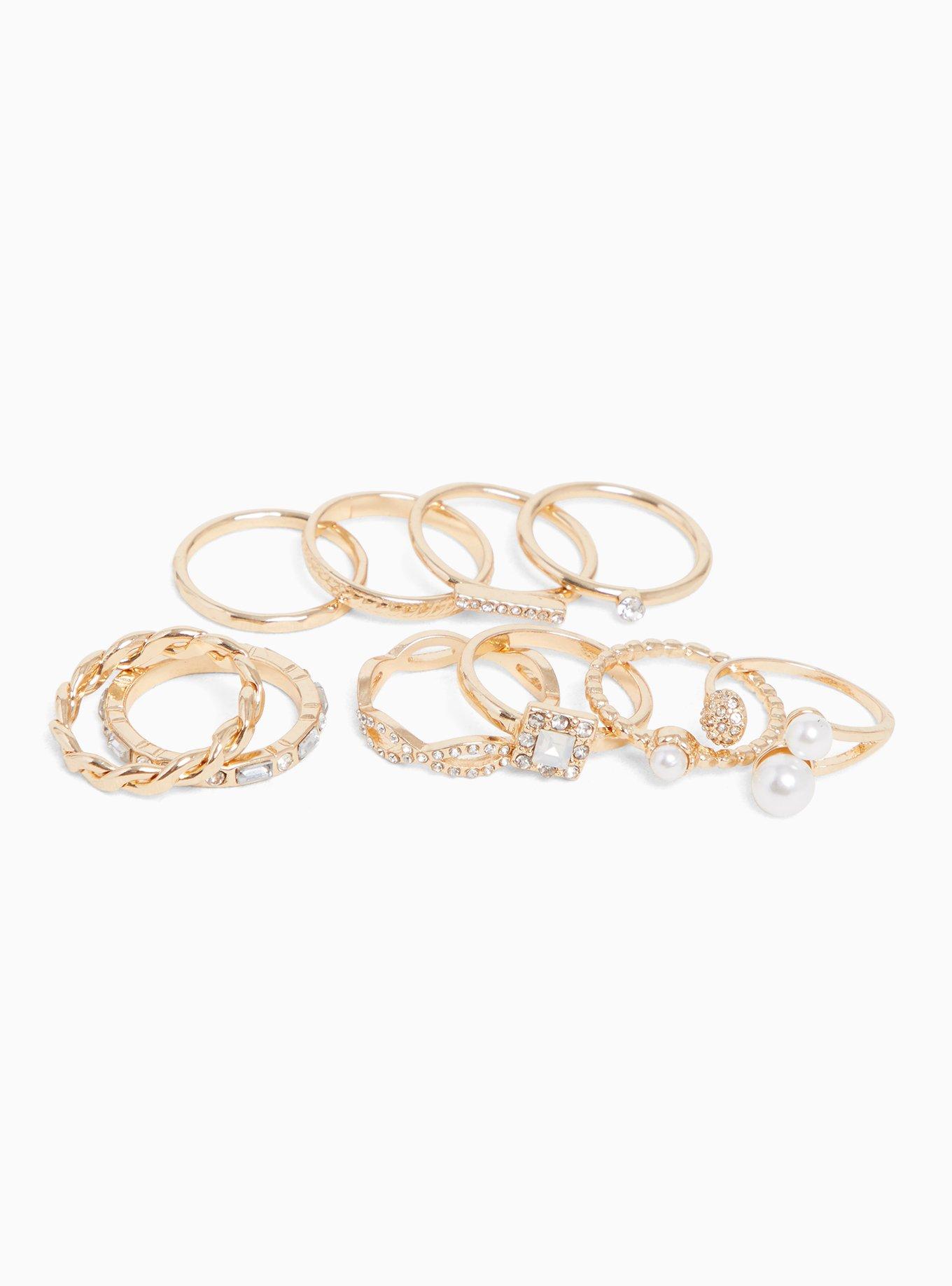 Plus Size - Gold-Tone Pearl and Rhinestone Ring Set - Set of 10 - Torrid