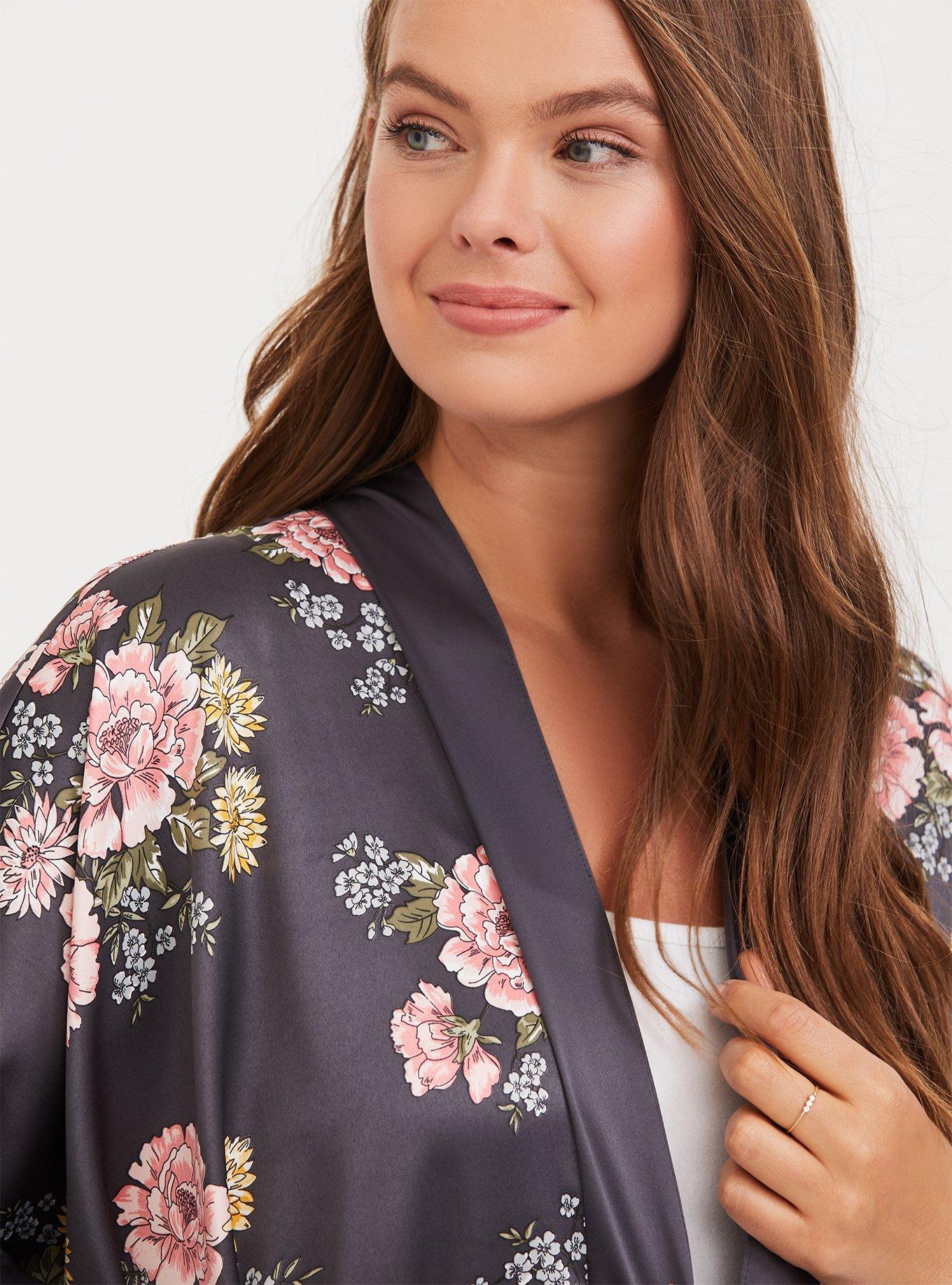 Plus Size - Slate Grey Floral Satin Side-Tie Ruana - Torrid