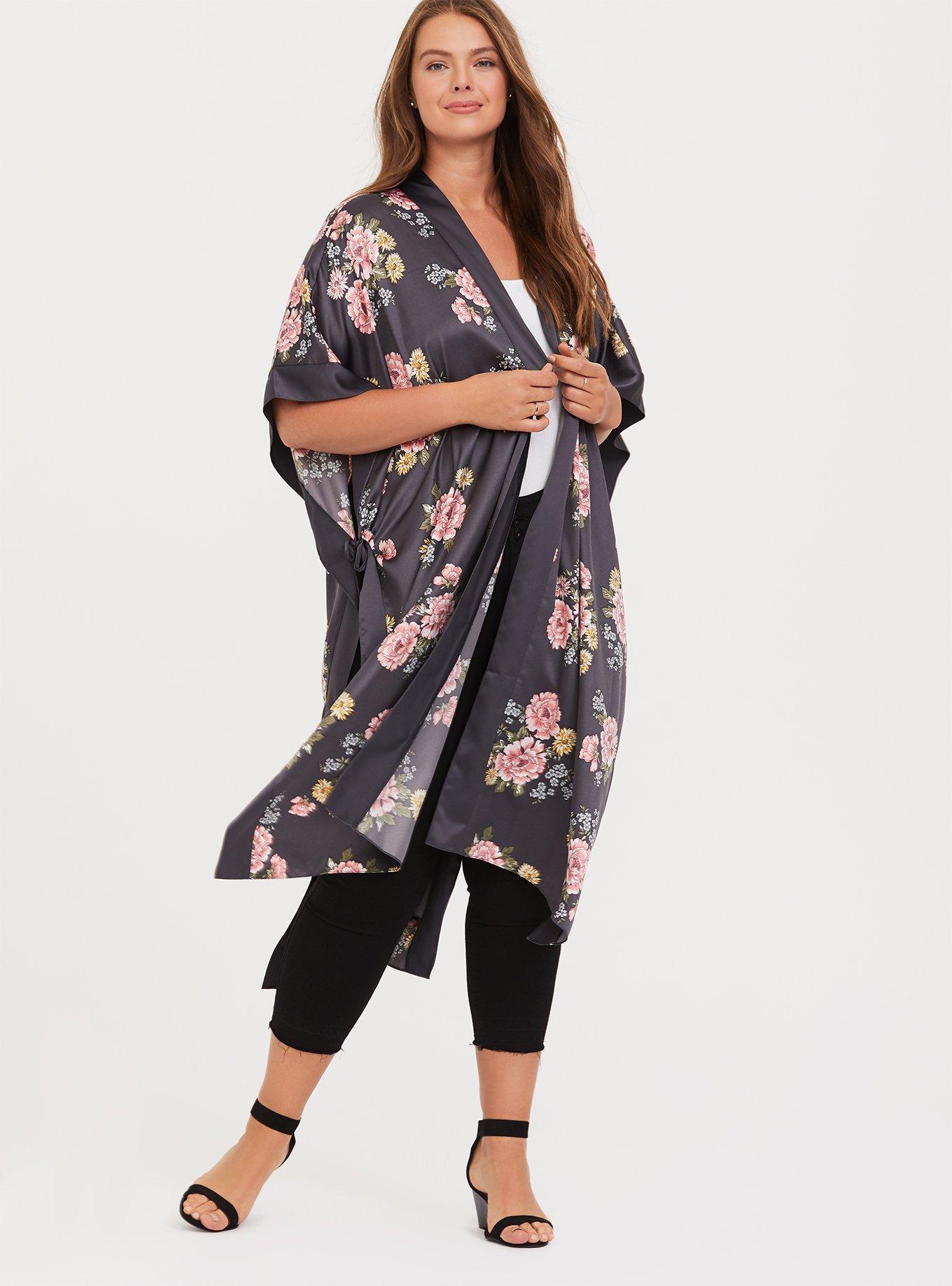 Plus Size - Slate Grey Floral Satin Side-Tie Ruana - Torrid