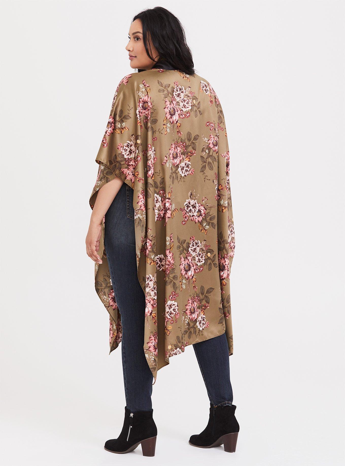 Plus Size - Olive Brown Floral Satin Ruana - Torrid
