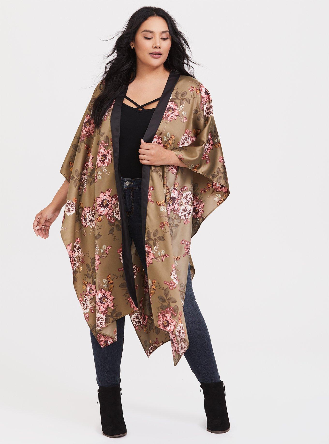 Plus Size - Olive Brown Floral Satin Ruana - Torrid