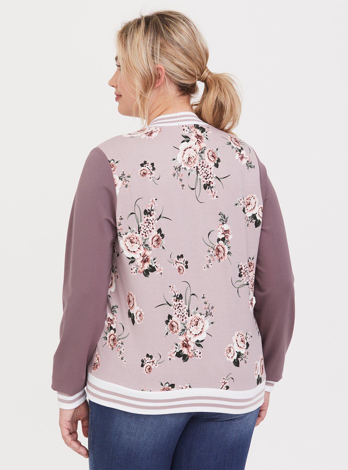 Plus Size - Mauve Purple Floral Ponte Bomber Jacket - Torrid