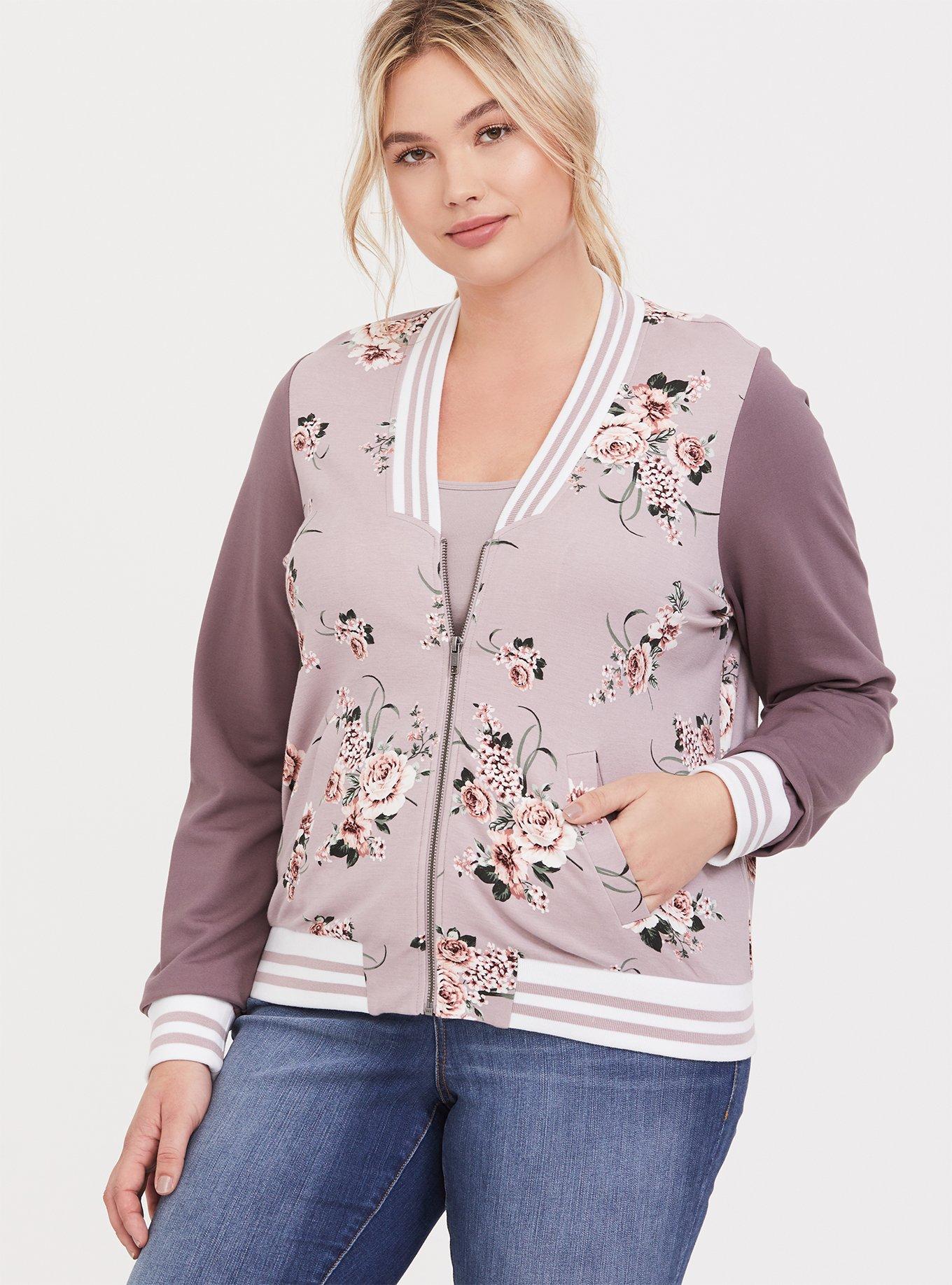 Plus Size - Mauve Purple Floral Ponte Bomber Jacket - Torrid